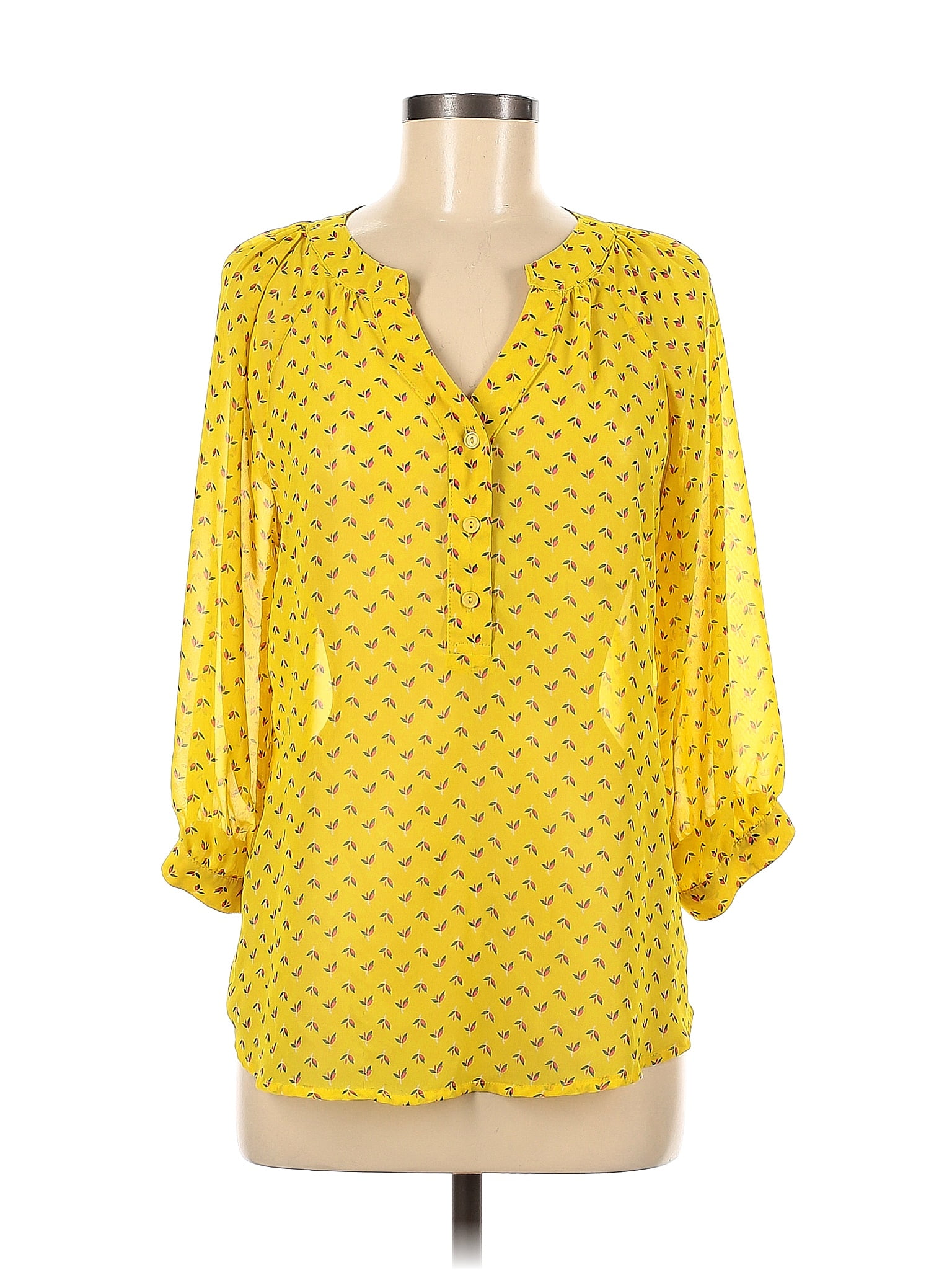 Olivia Moon 100 Polyester Polka Dots Yellow 3 4 Sleeve Blouse Size M