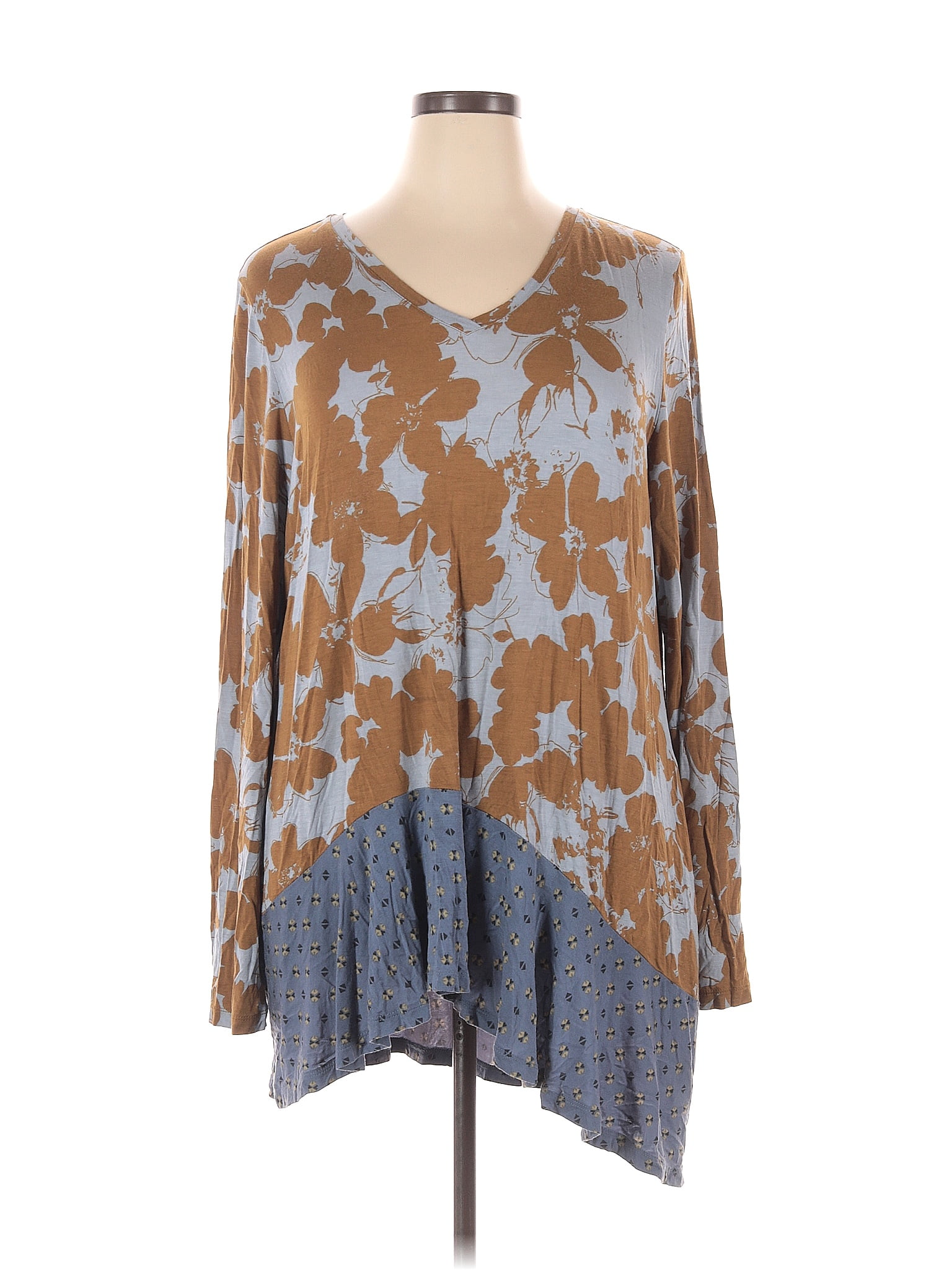 LOGO by Lori Goldstein Color Block Floral Brown Long Sleeve Top Size XL ...