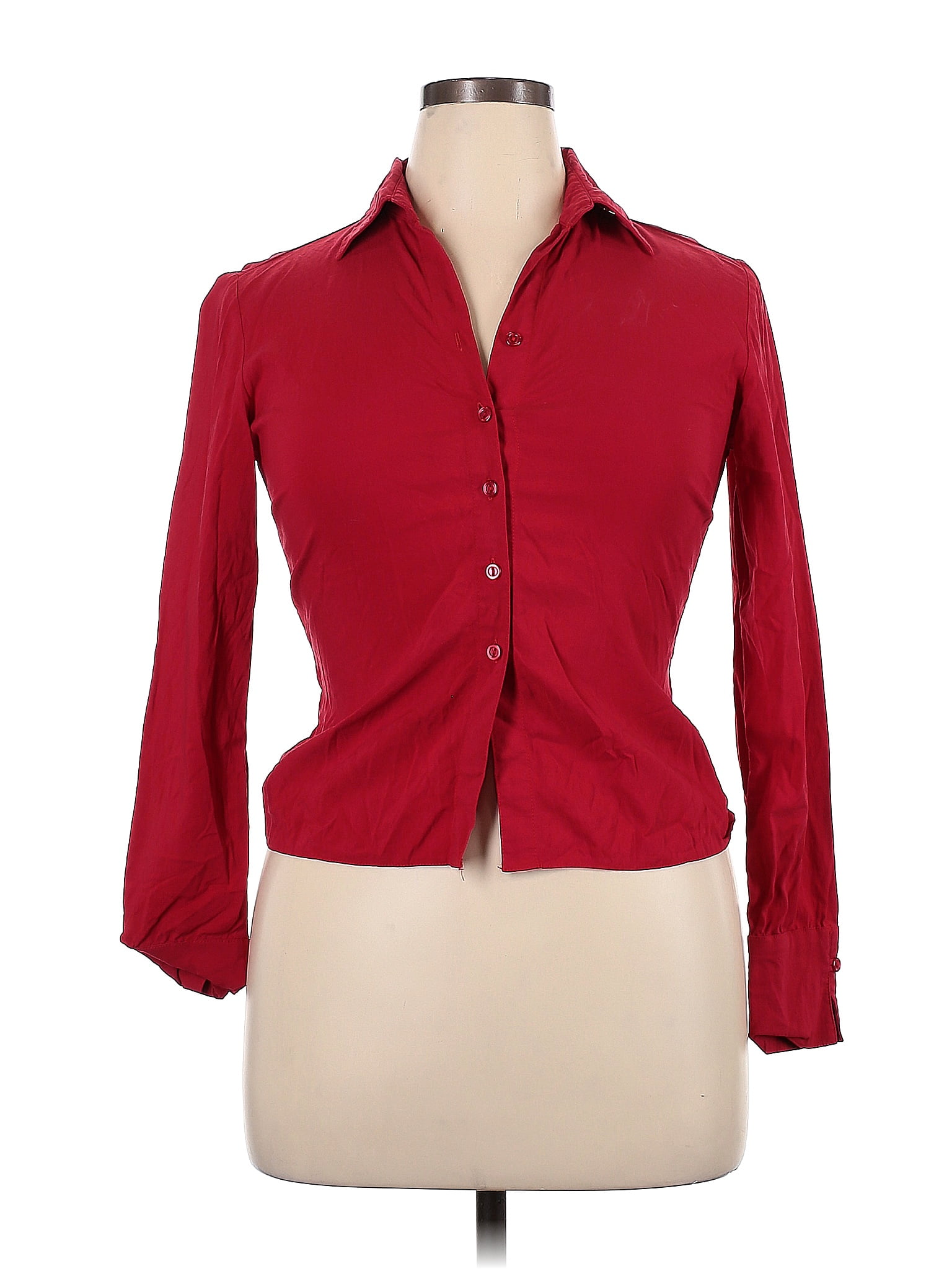 Hennes Collection Solid Red Burgundy Long Sleeve Button-Down Shirt Size ...