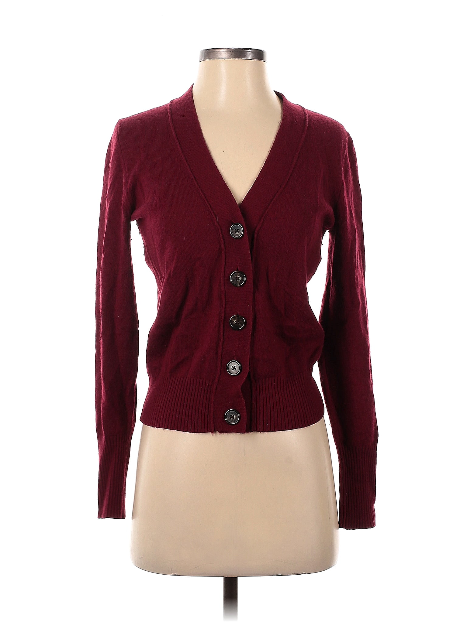 J Crew 100 Cashmere Color Block Solid Maroon Burgundy Cardigan Size S