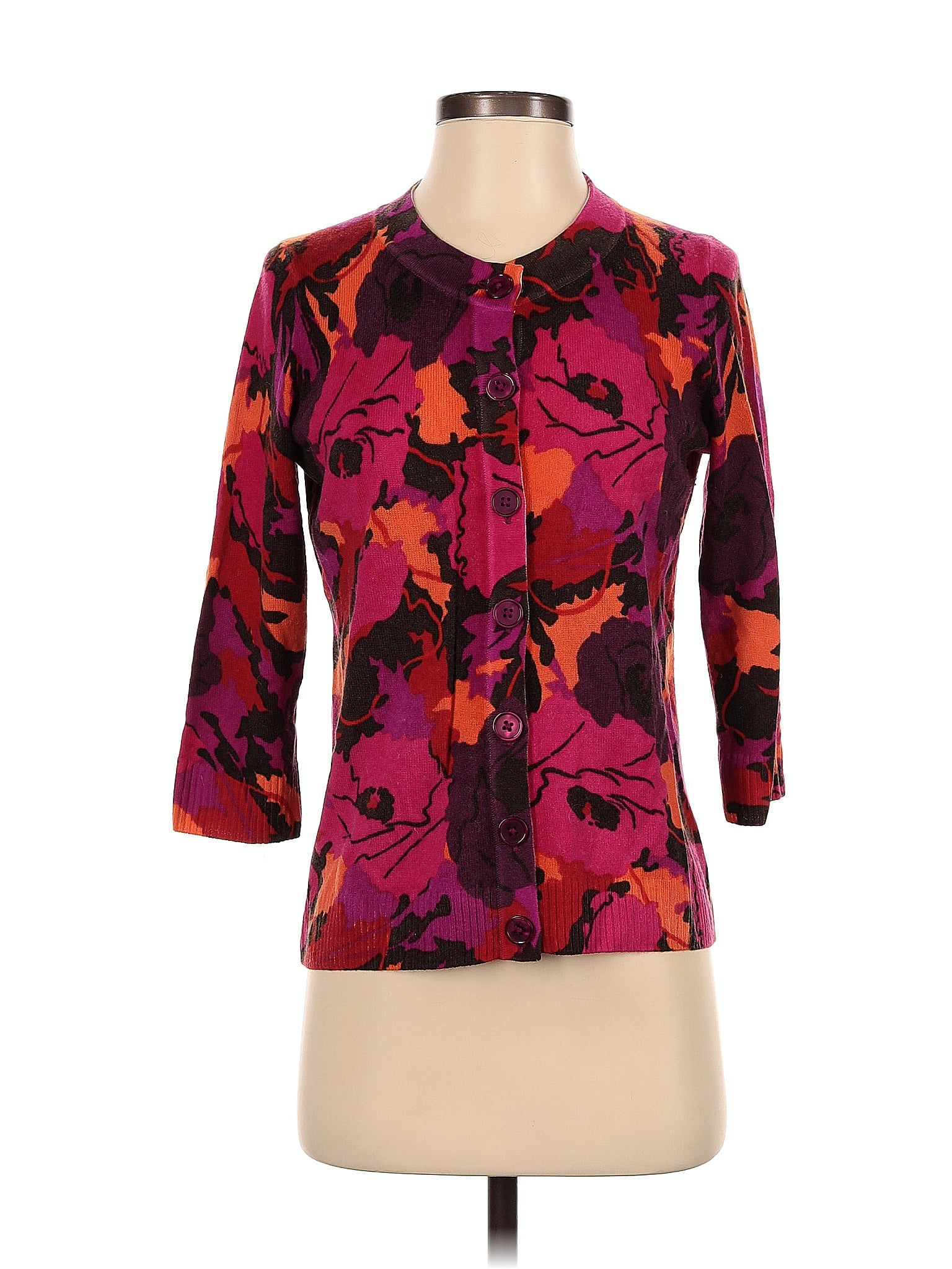 Talbots 100 Cashmere Color Block Floral Burgundy Cardigan Size S