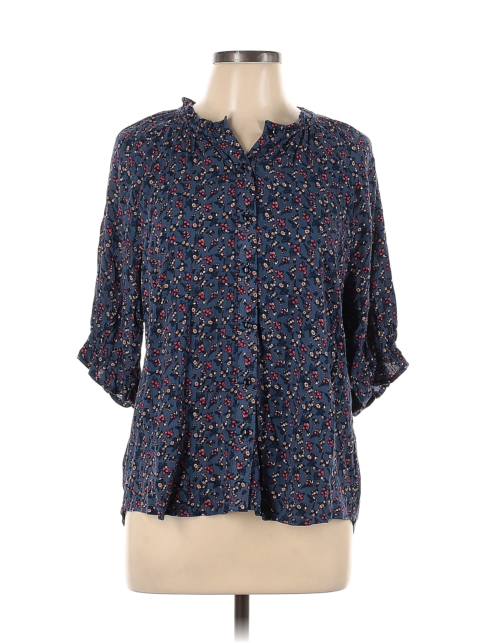 Bobeau 100 Rayon Floral Multi Color Blue Short Sleeve Button Down