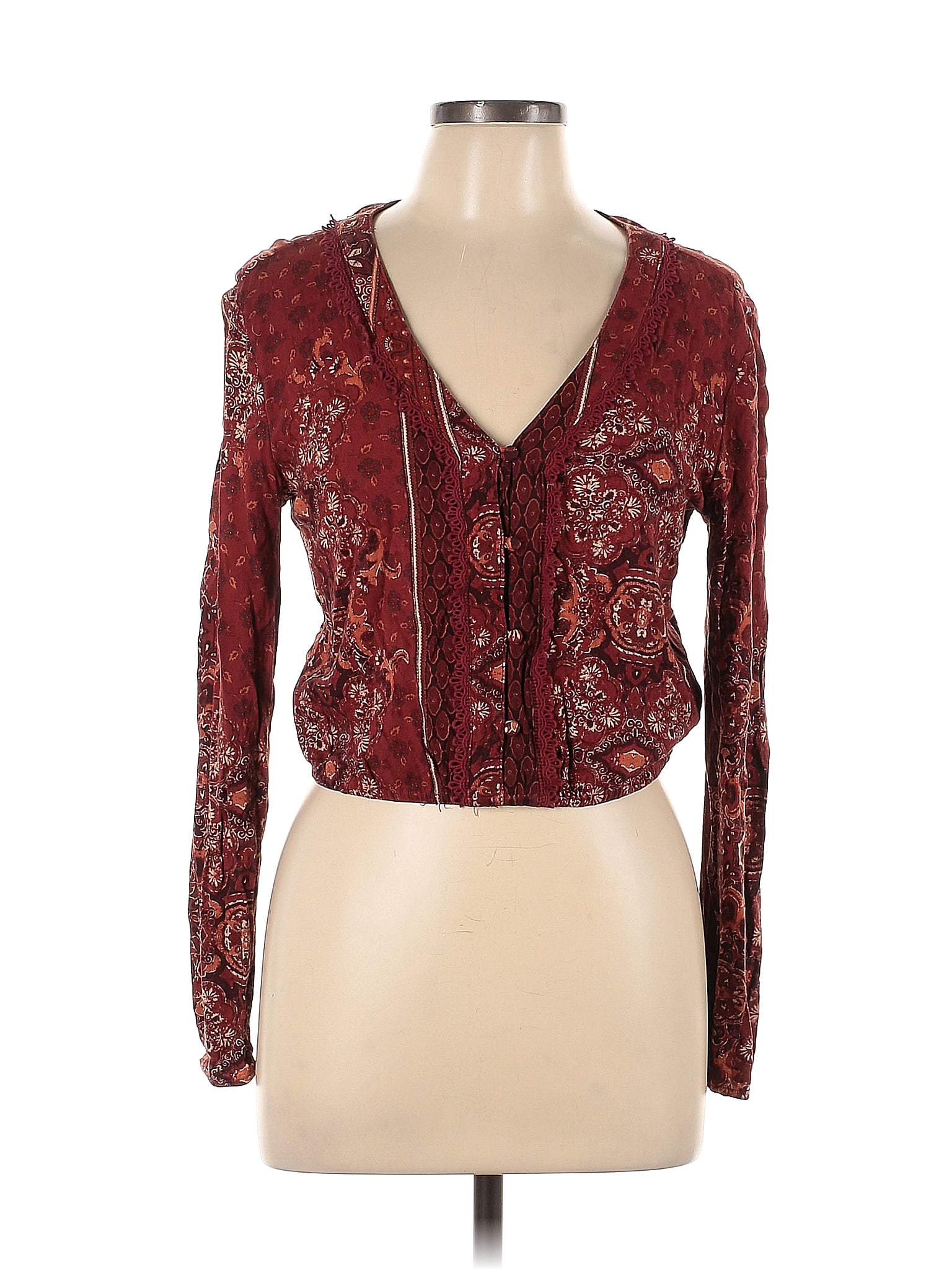 Kendall & Kylie 100% Rayon Paisley Maroon Burgundy Long Sleeve Blouse Size L - 68% off | ThredUp