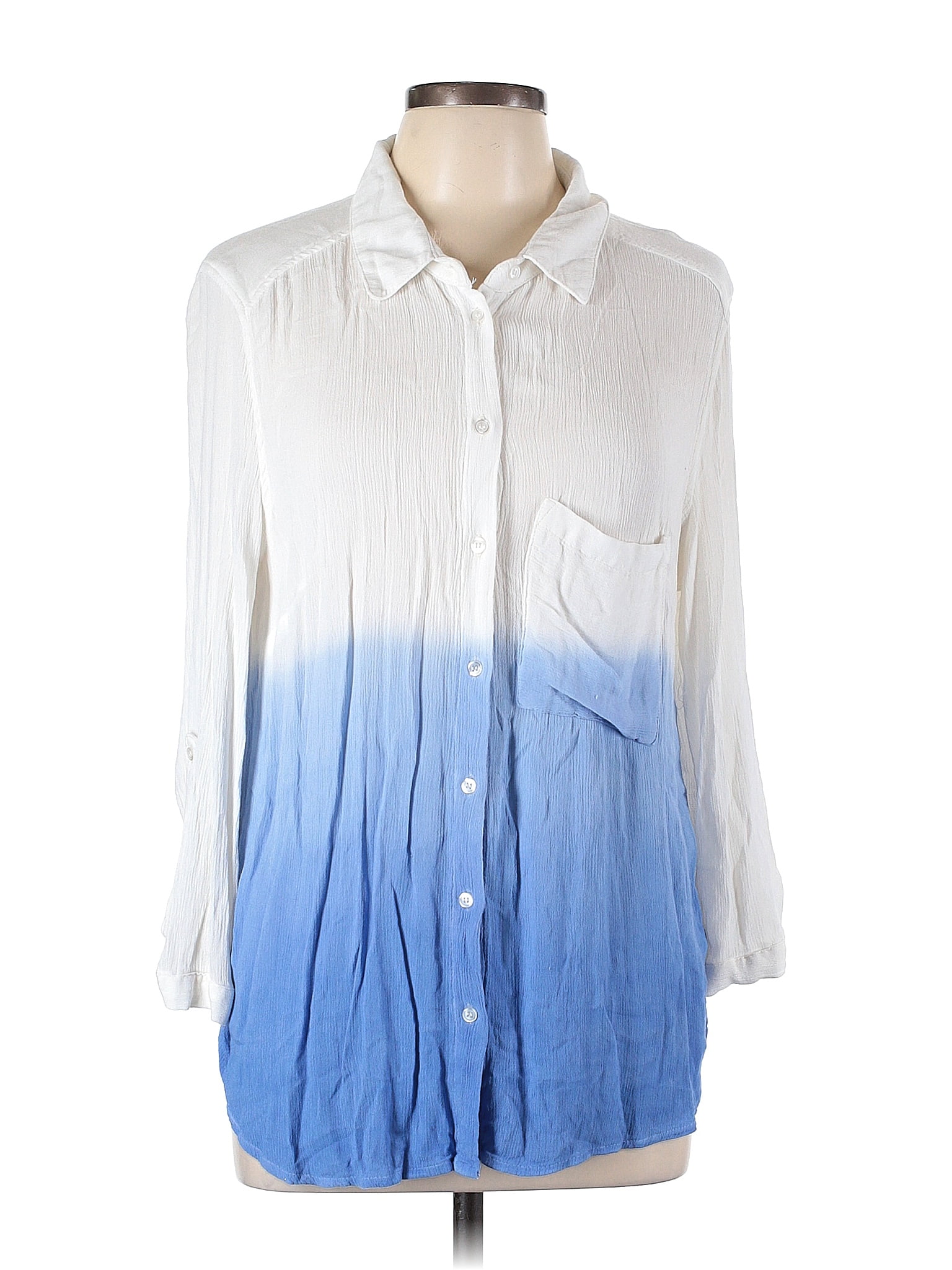 Market And Spruce 100 Rayon Color Block Tie Dye White Blue Long Sleeve