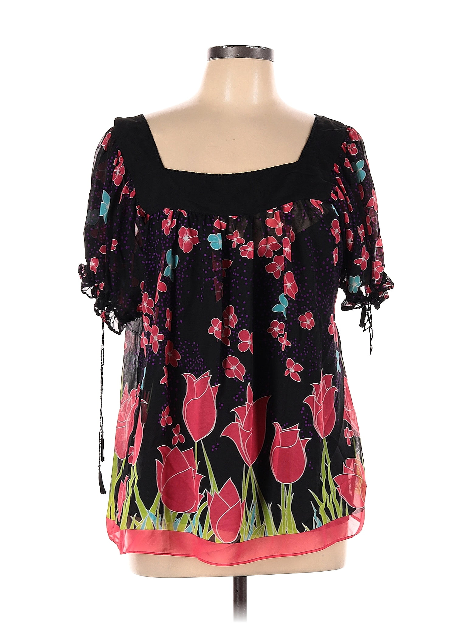 Nicole By Nicole Miller 100 Polyester Floral Black Short Sleeve Blouse