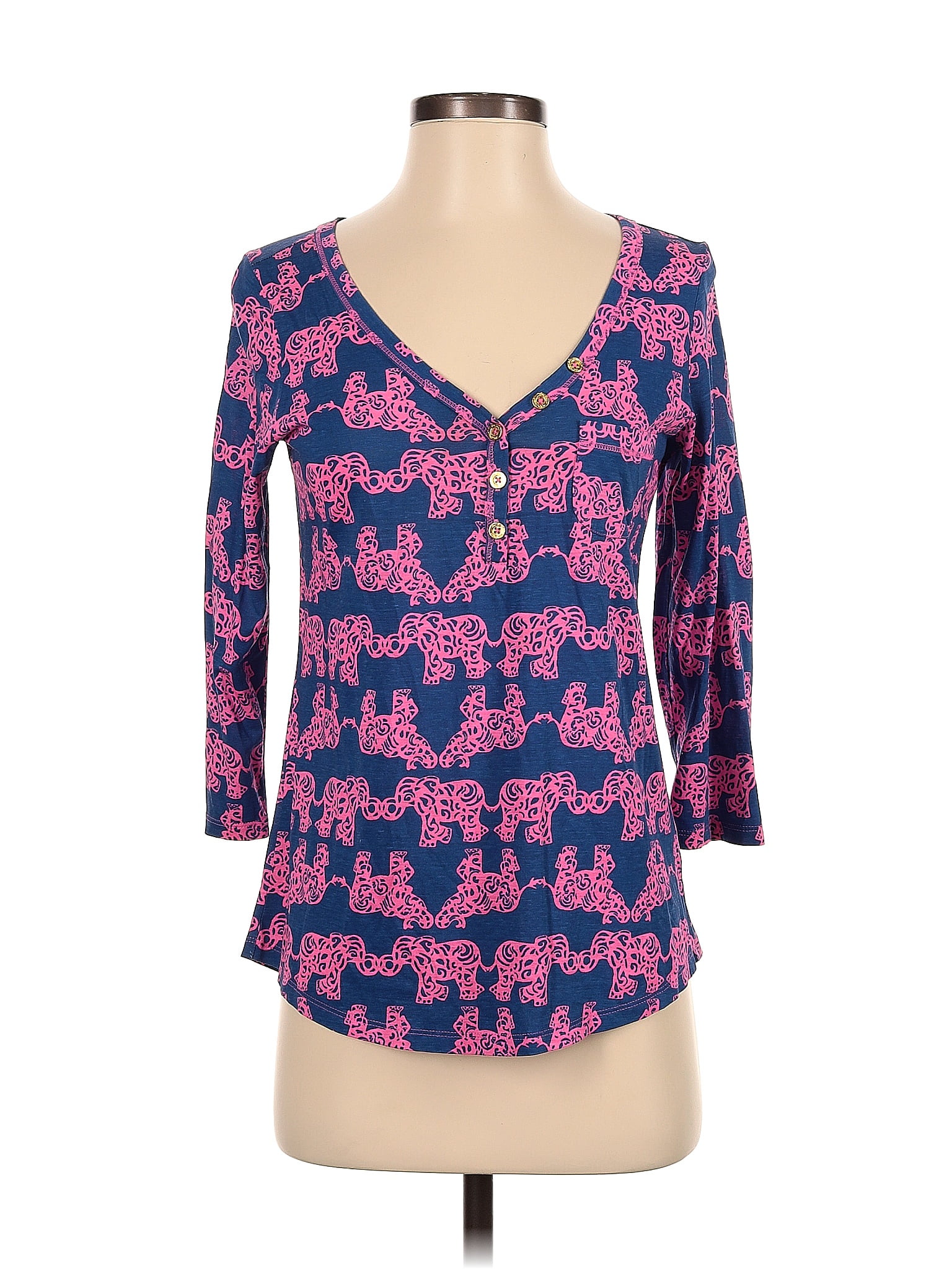 Lilly Pulitzer 100 Cotton Floral Multi Color Pink Long Sleeve Henley