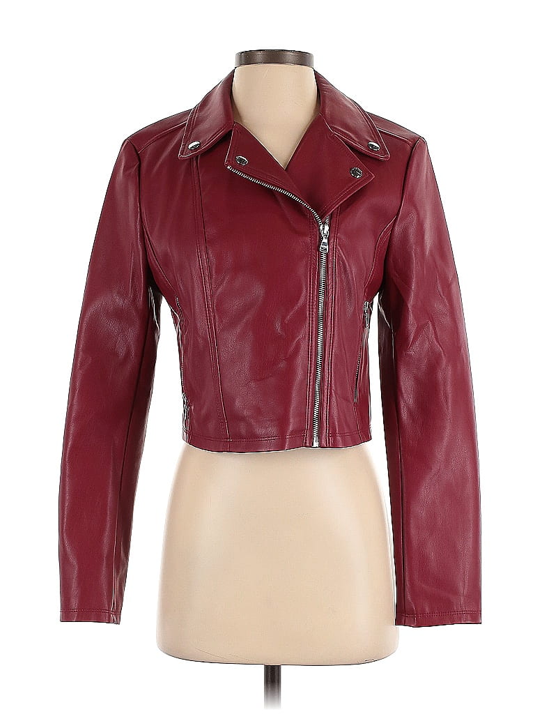 Express 100% Polyester Solid Burgundy Faux Leather Jacket Size S - 68% ...