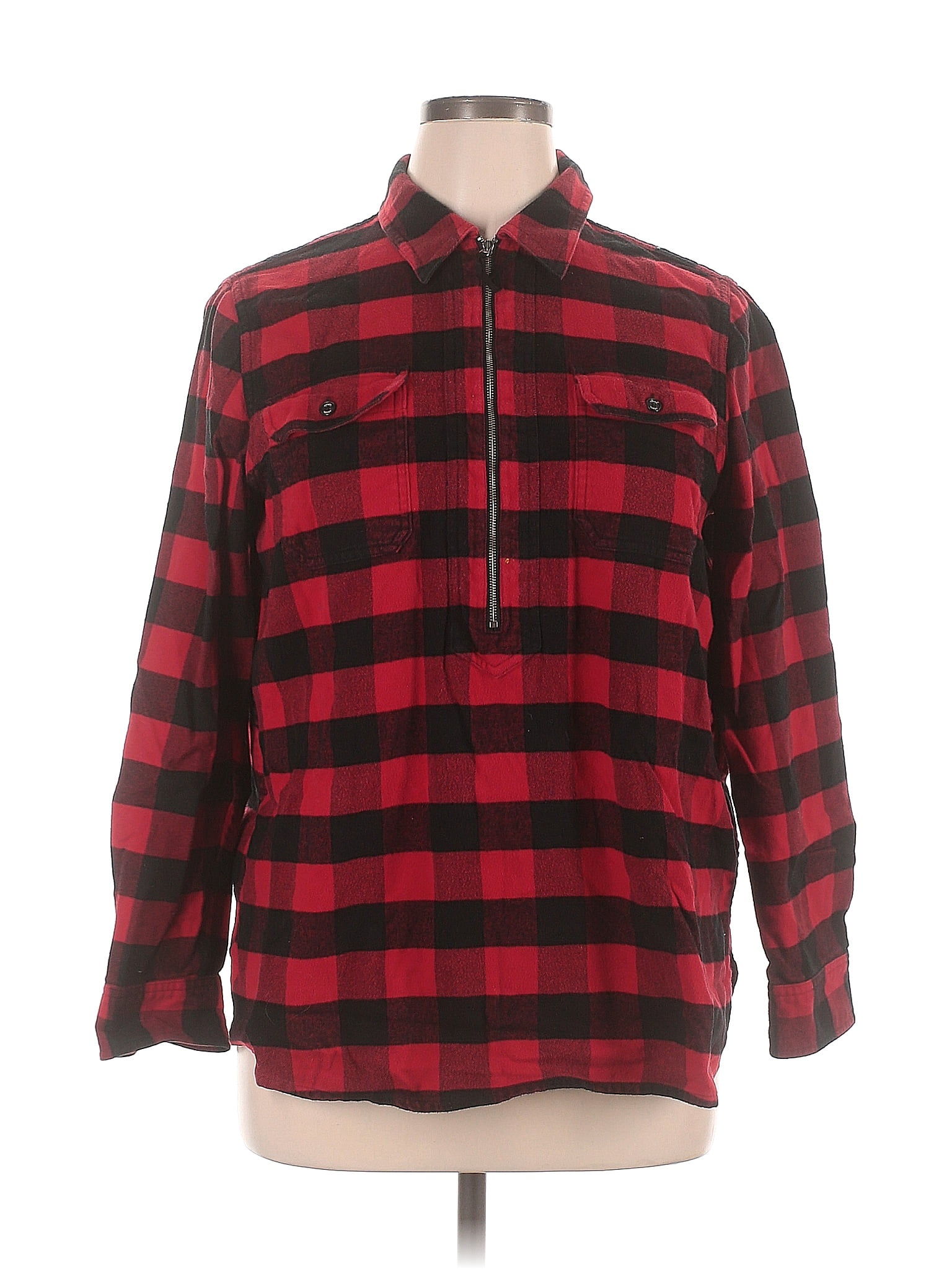 Chaps 100 Cotton Checkered Gingham Multi Color Red Long Sleeve Blouse