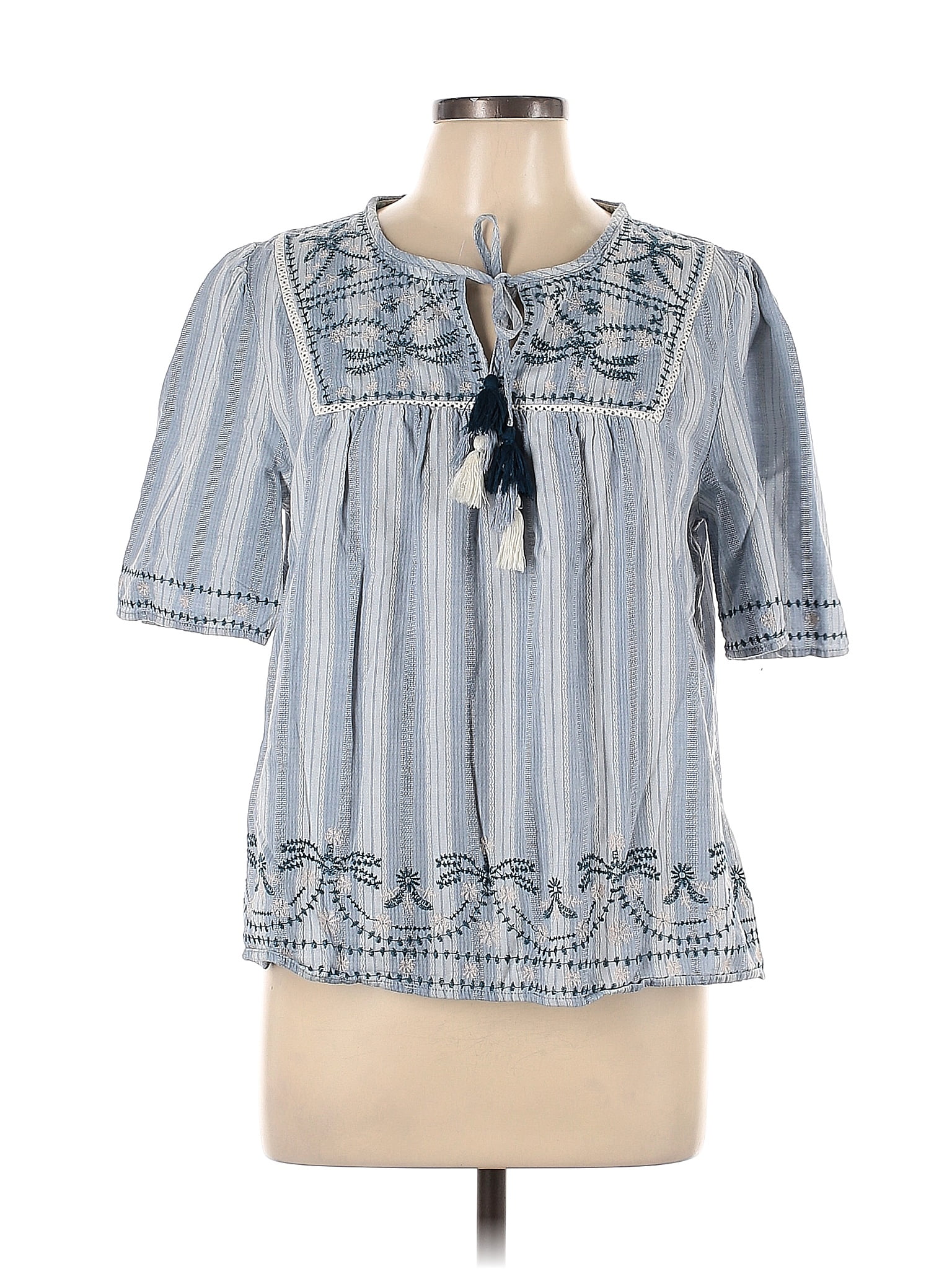 Knox Rose 100 Cotton Stripes Blue Short Sleeve Blouse Size L 31 Off
