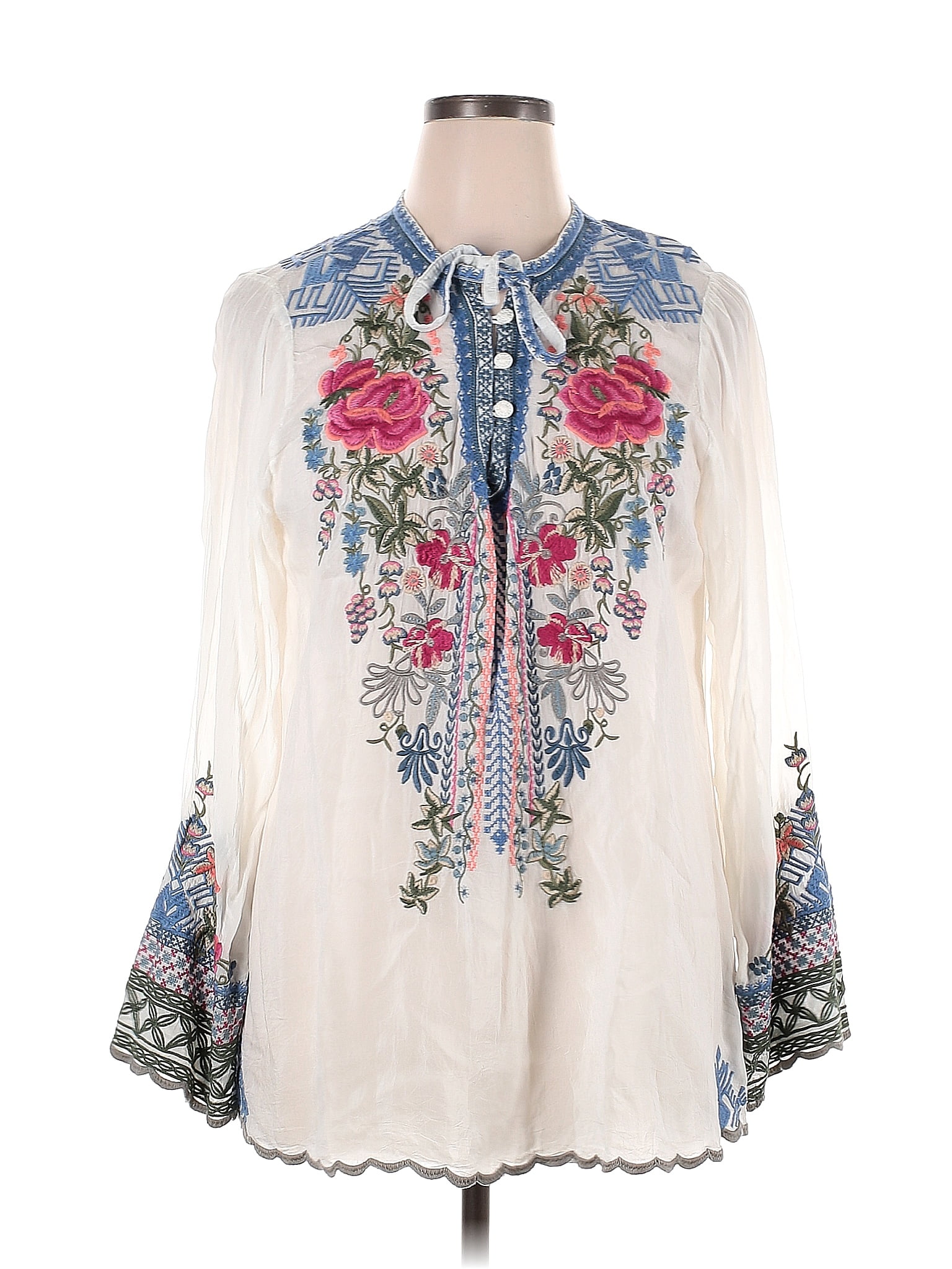 Johnny Was 100 Rayon Floral White Ivory Long Sleeve Blouse Size Xl