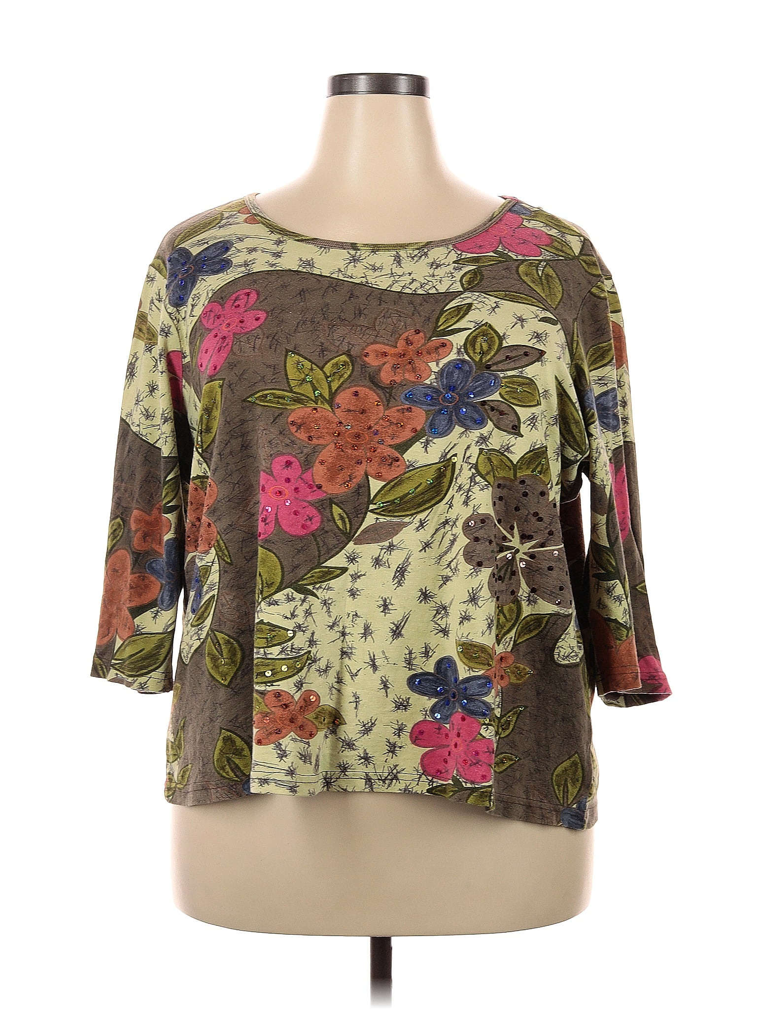 Cj Banks 100% Cotton Floral Multi Color Brown 3/4 Sleeve Top Size 2X ...