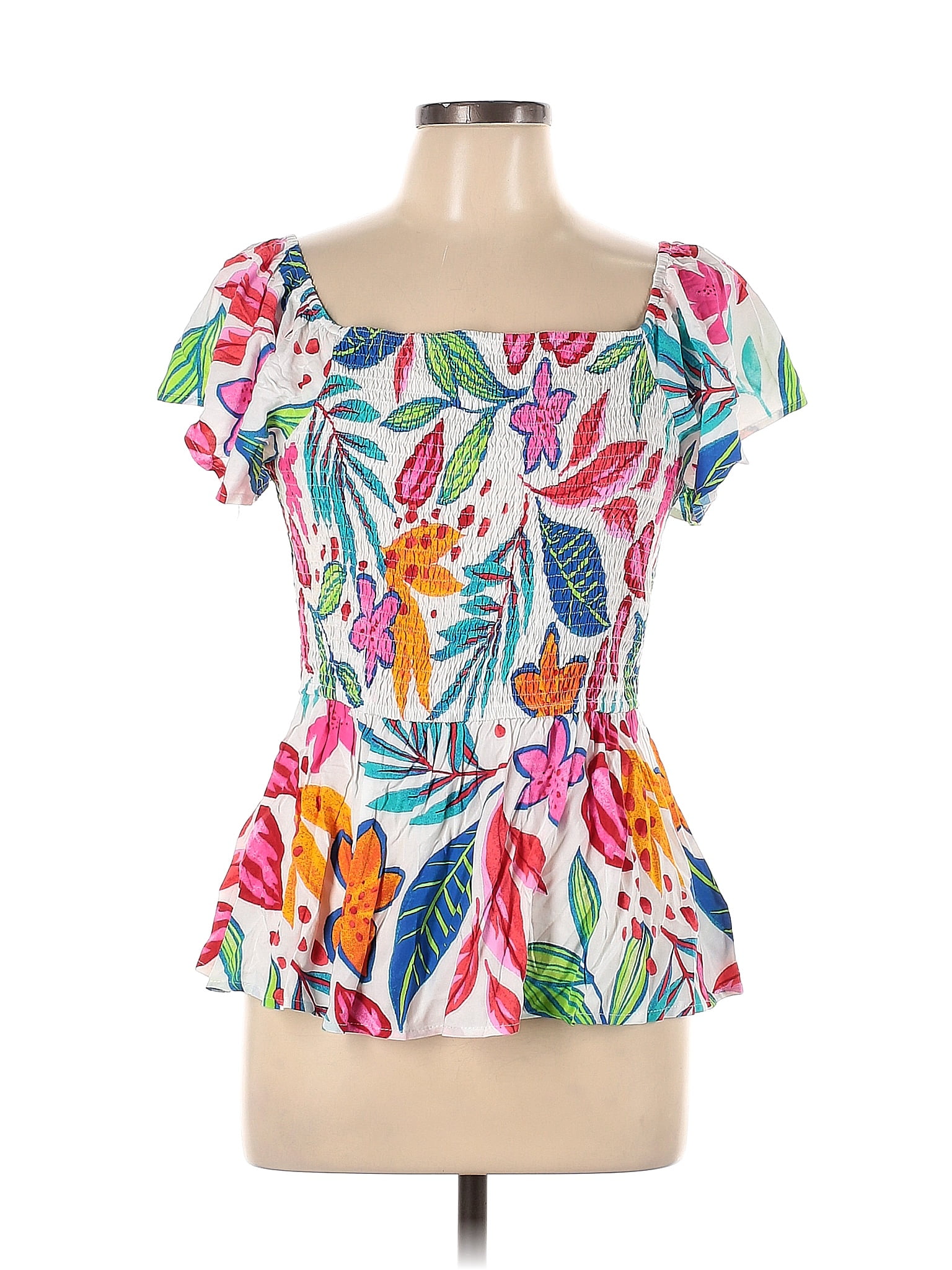 Emily Wonder Tropical White Short Sleeve Blouse Size L - 64% off | ThredUp