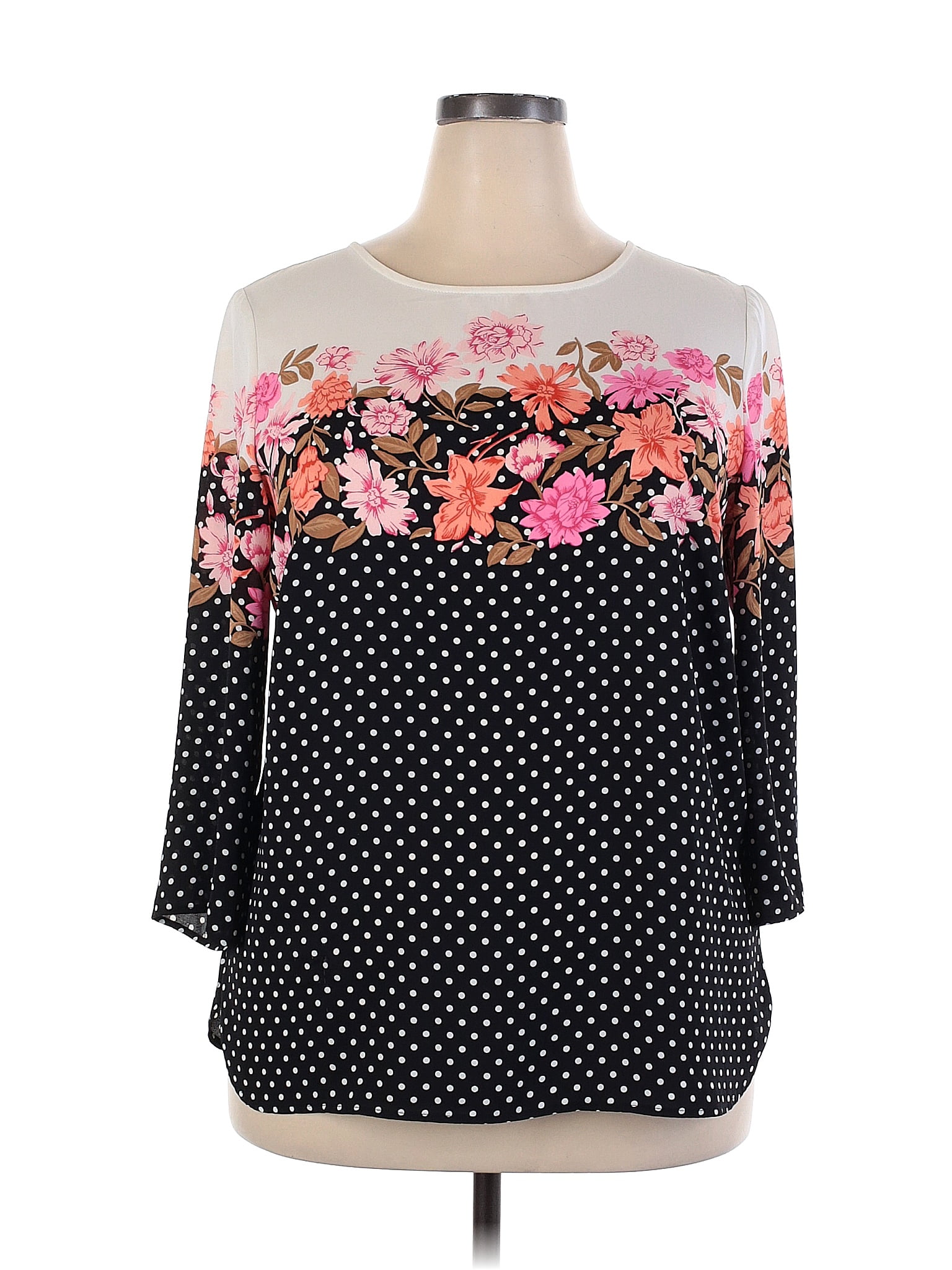 Talbots 100 Polyester Floral Polka Dots Black Long Sleeve Blouse Size