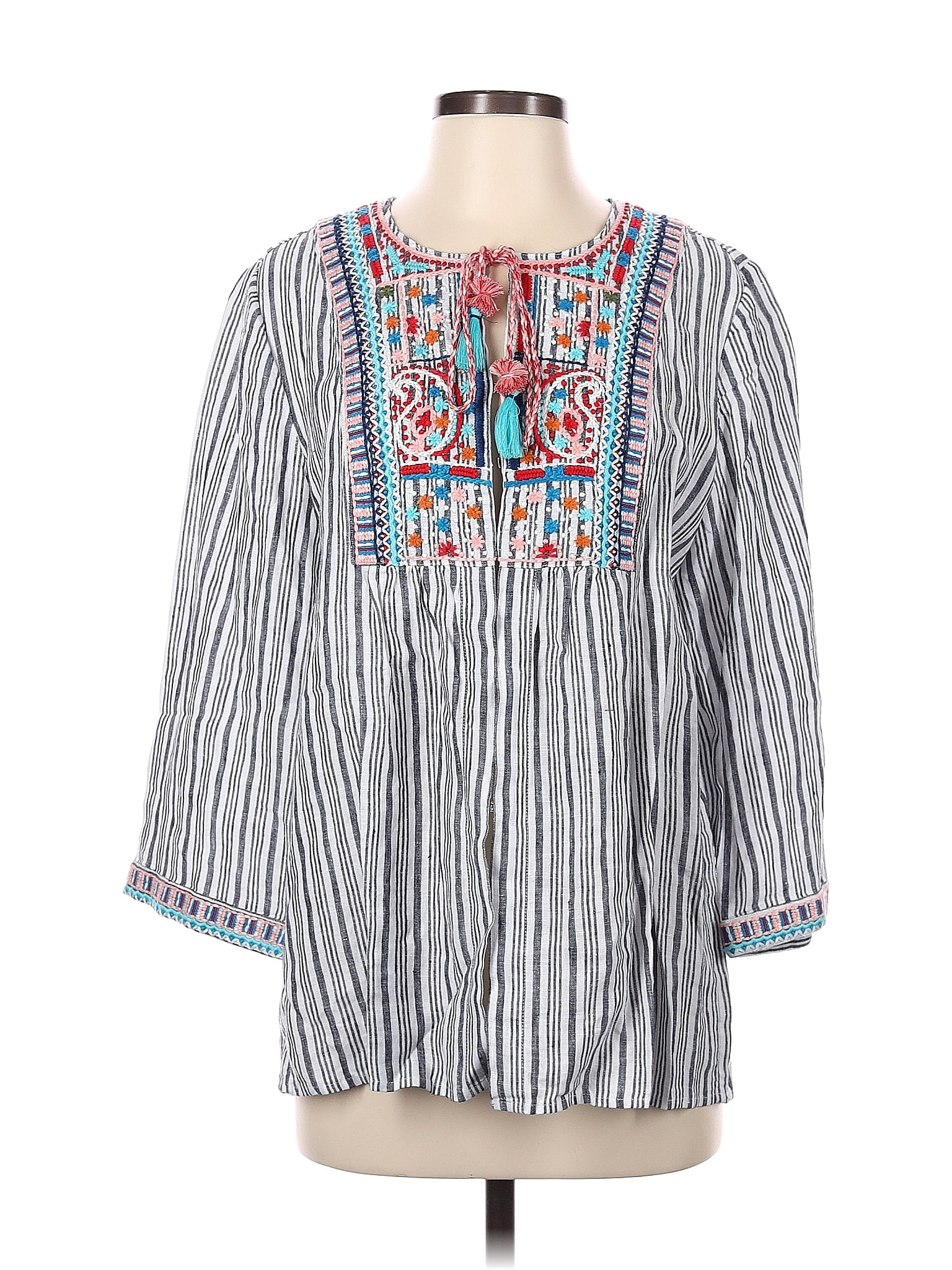 J Jill 100 Linen Stripes White Blue Long Sleeve Blouse Size S 67