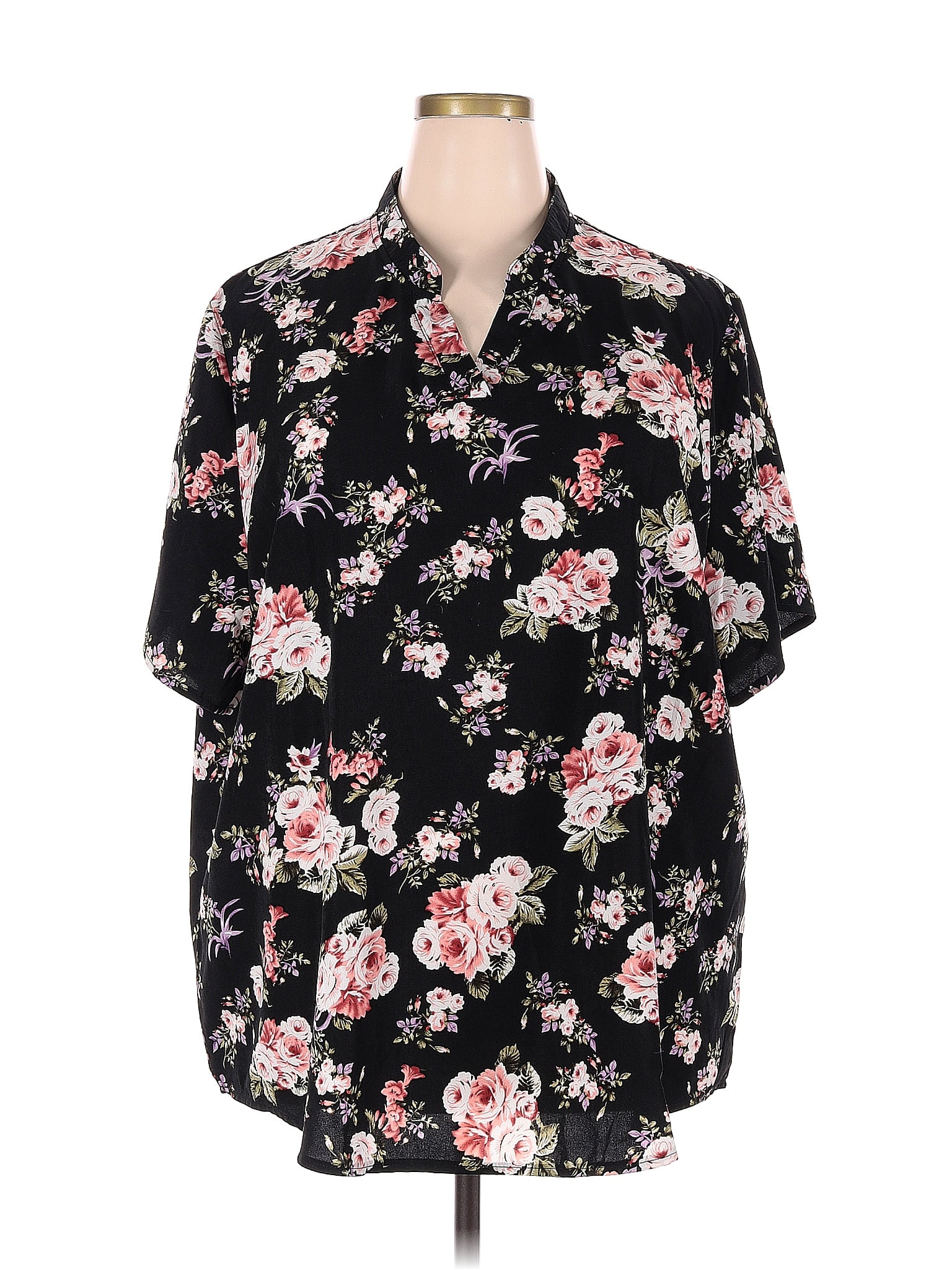 Amaryllis 100 Polyester Floral Black Short Sleeve Blouse Size 3x Plus