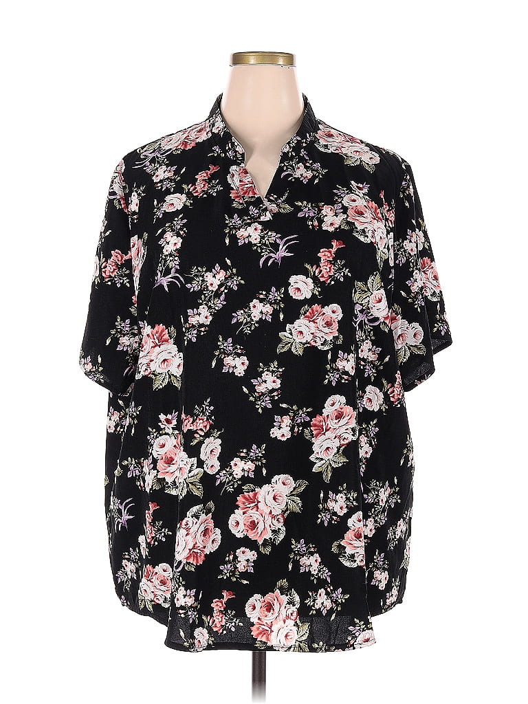 Amaryllis 100 Polyester Floral Black Short Sleeve Blouse Size 3x Plus