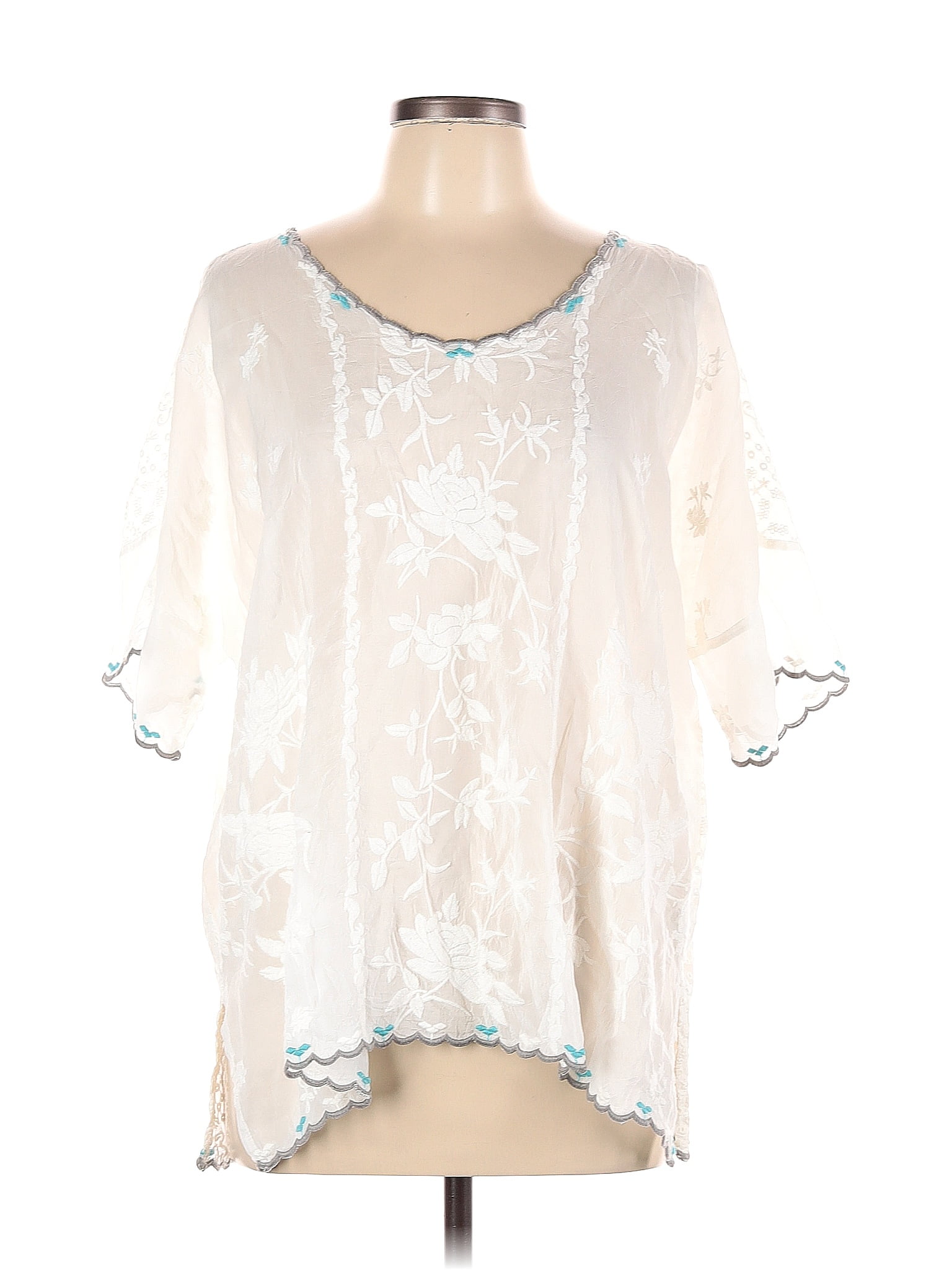 Johnny Was 100 Rayon Floral White Ivory Short Sleeve Blouse Size L