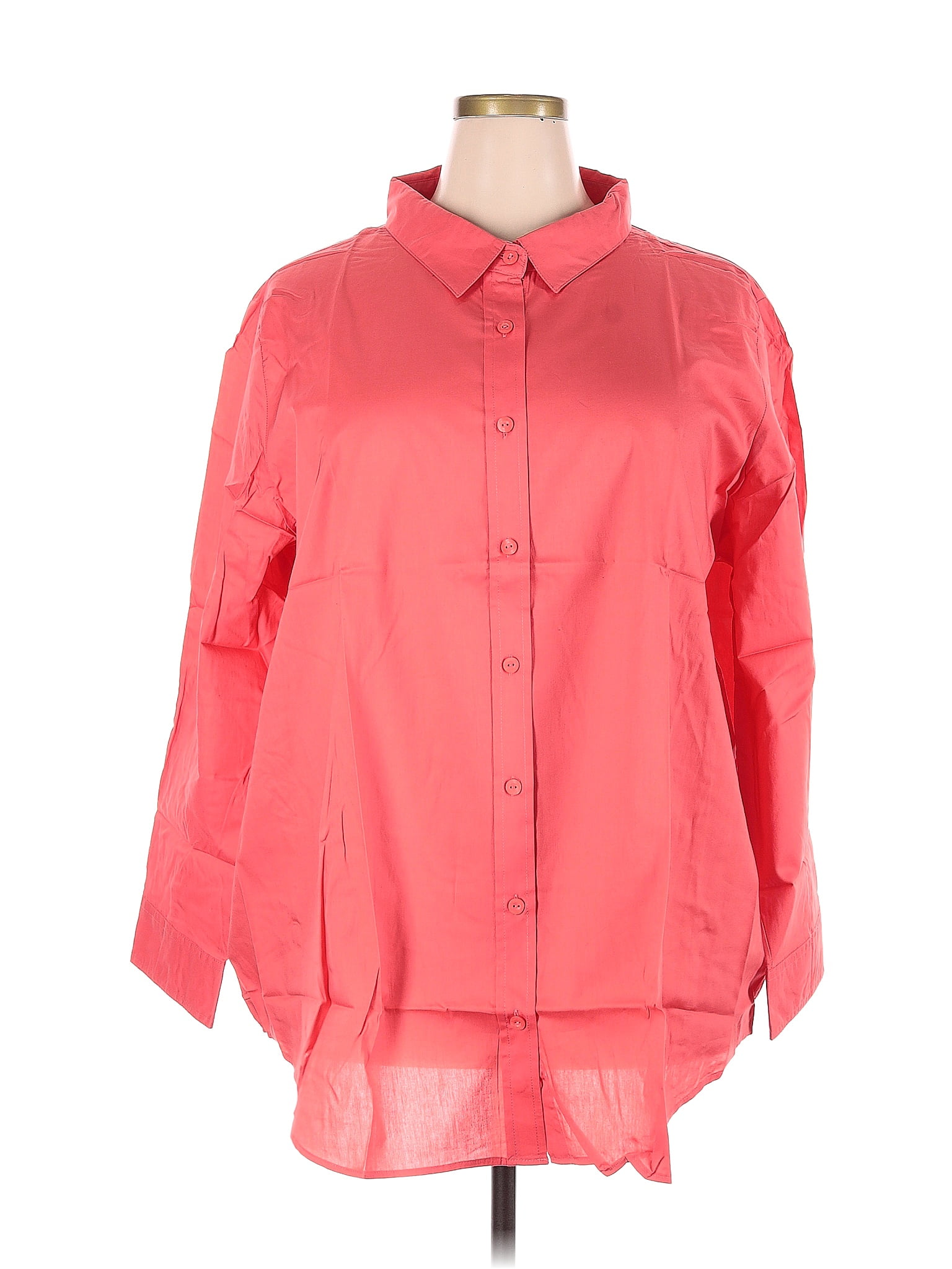 Woman Within 100 Cotton Solid Pink Long Sleeve Button Down Shirt Size