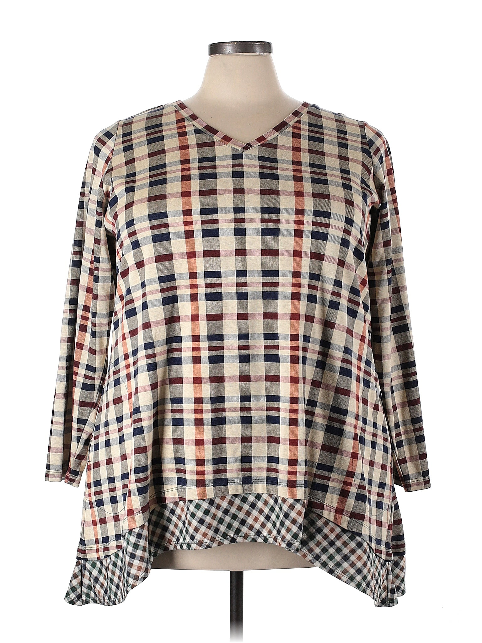 Logo By Lori Goldstein Plaid Multi Color Ivory Long Sleeve Blouse Size