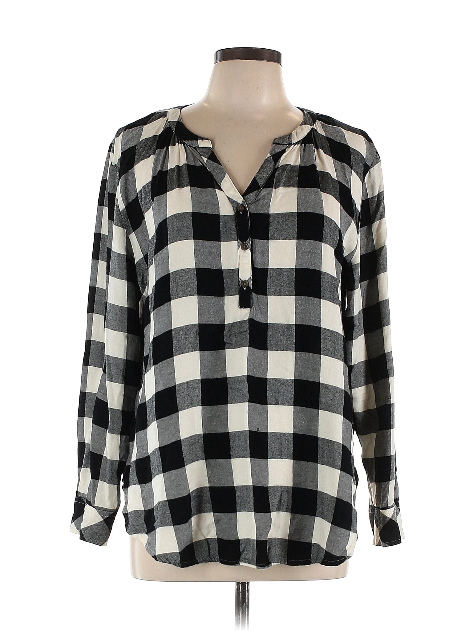 Universal Thread 100% Rayon Checkered-gingham Black Long Sleeve Blouse ...