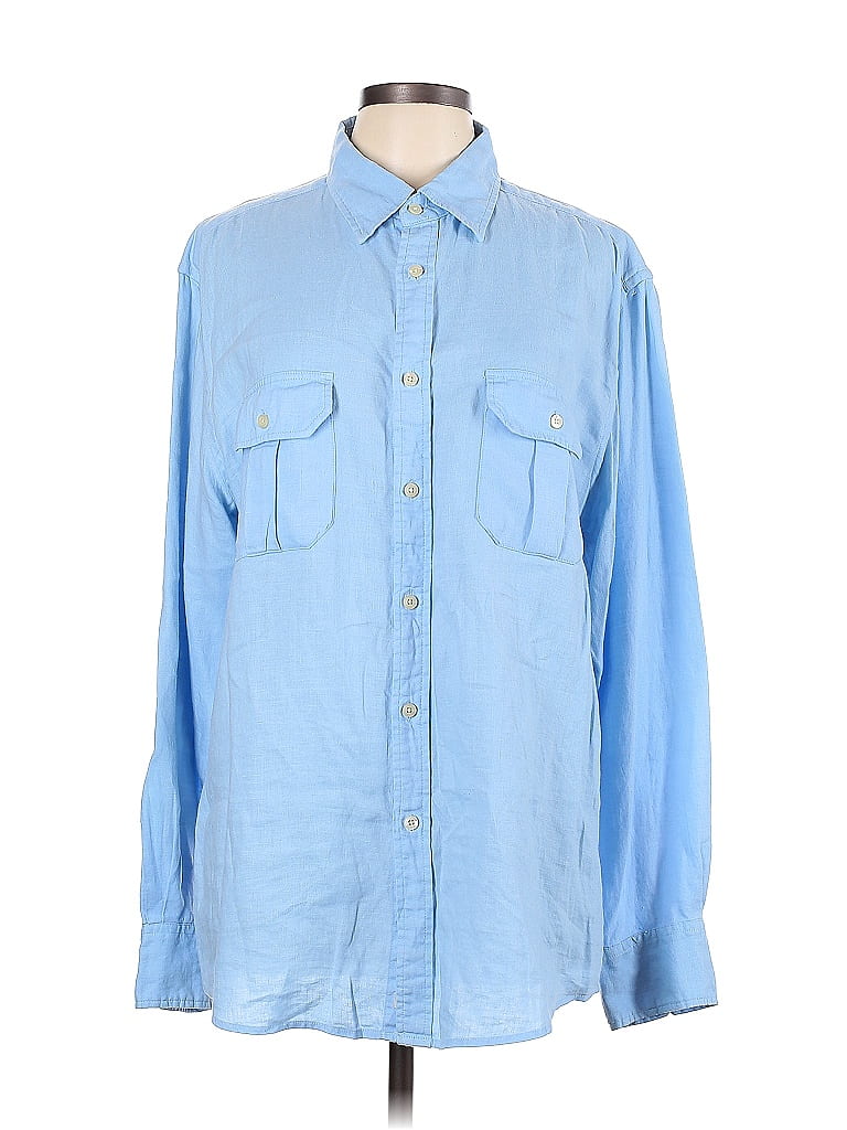 Merona 100 Linen Solid Blue Long Sleeve Button Down Shirt Size L 44