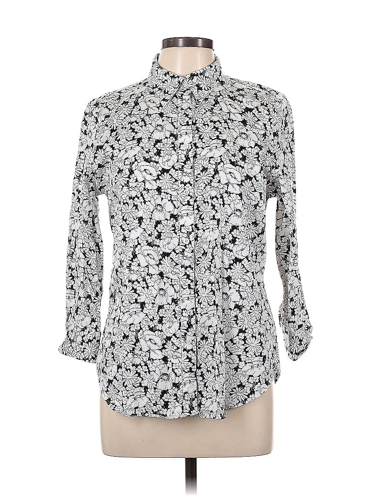 Chaps 100% Cotton Floral White Silver Long Sleeve Button-Down Shirt ...