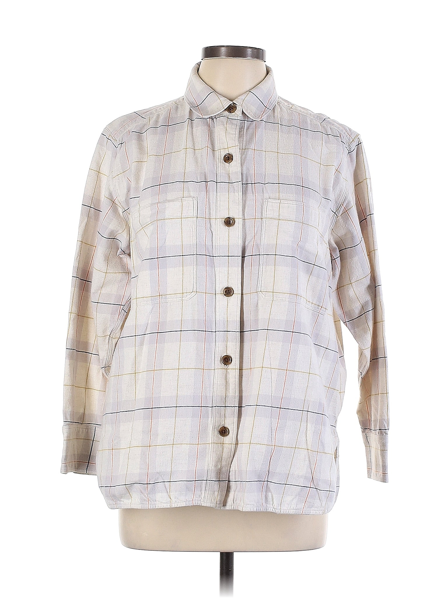 Everlane 100% Organic Cotton Checkered-gingham Plaid Ivory Long Sleeve Button-Down Shirt Size 10 ...