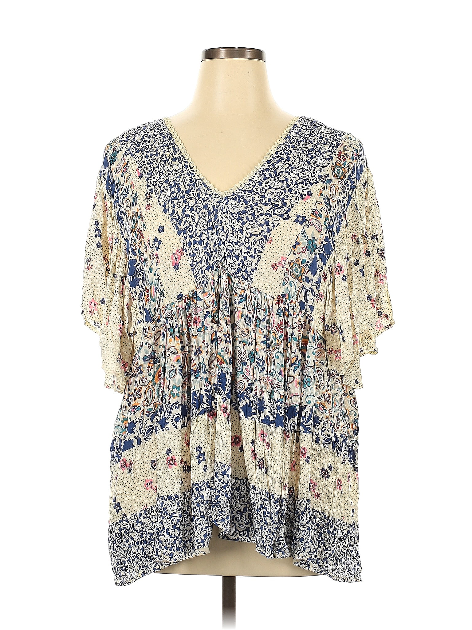 Angie 100% Rayon Floral Paisley Ivory Short Sleeve Blouse Size 1X (Plus ...