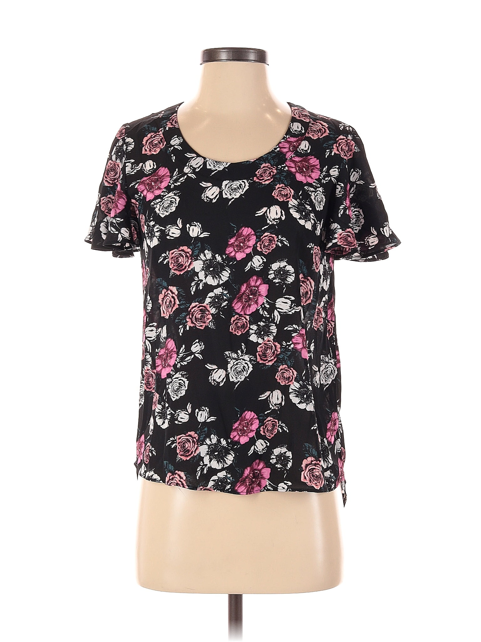 Pink Rose 100 Polyester Floral Black Short Sleeve Blouse Size S 55