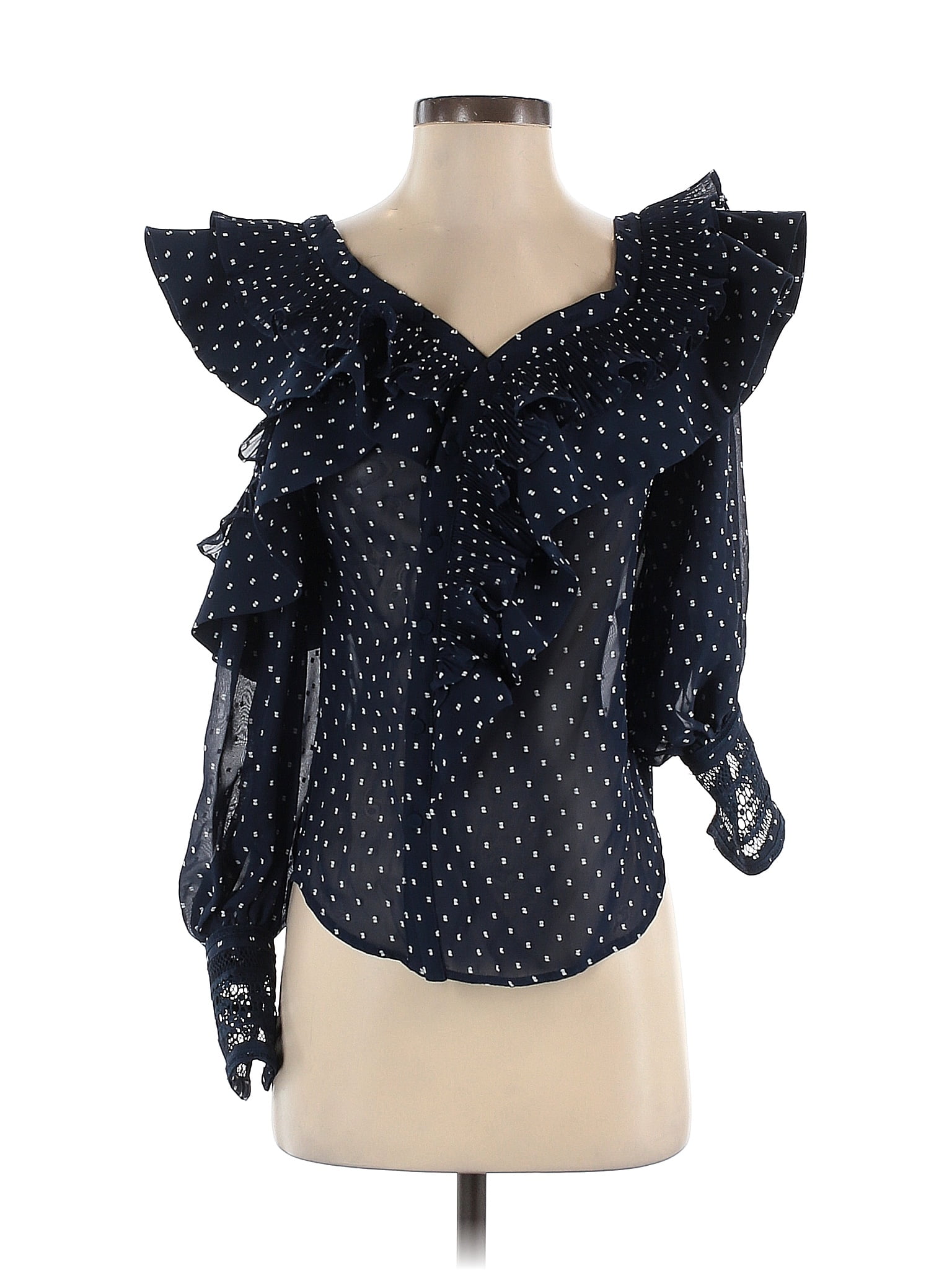 Self Portrait 100 Polyester Polka Dots Black Long Sleeve Blouse Size 4