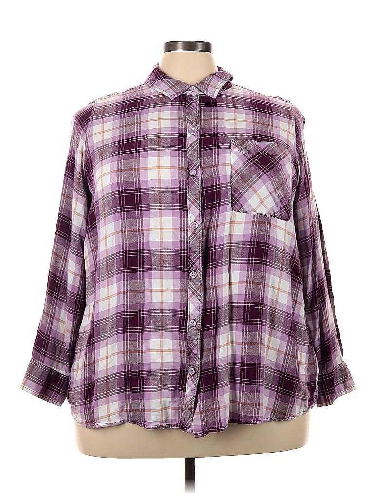 Terra & Sky 100% Viscose Plaid Checkered-gingham Ombre Purple Long Sleeve Button-Down Shirt Size ...