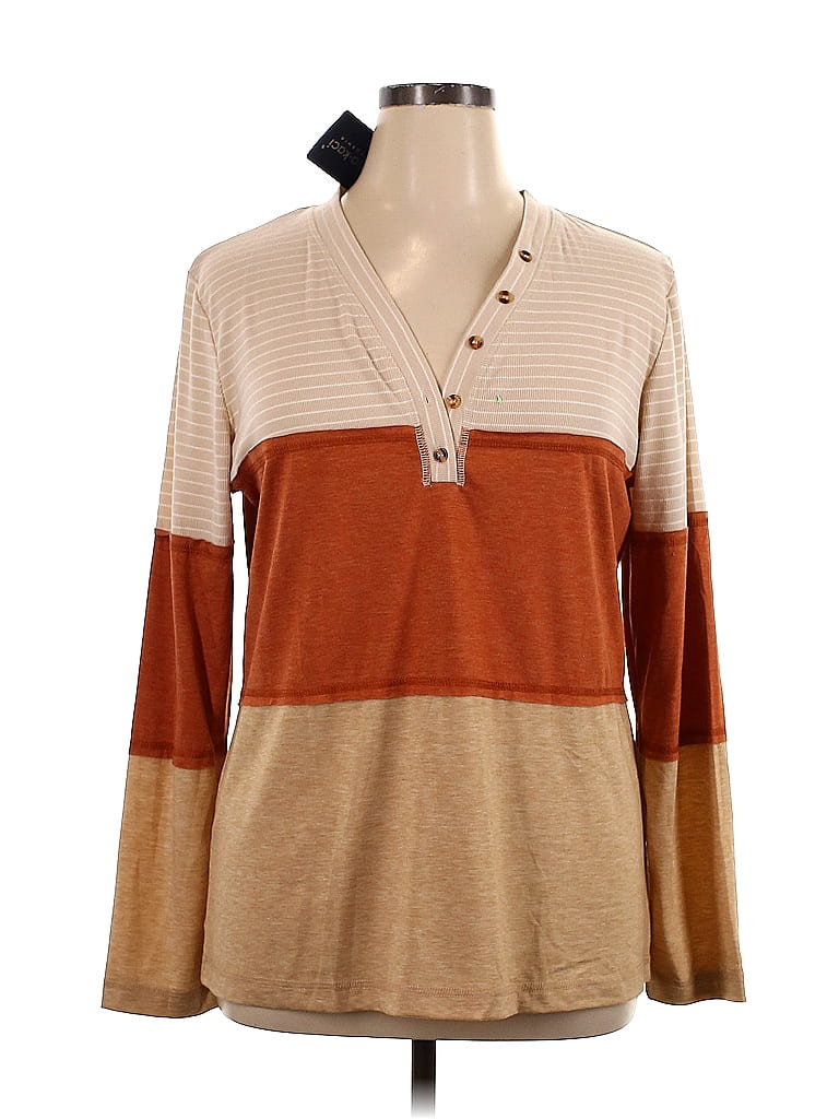 Anna-kaci Color Block Stripes Brown Long Sleeve Henley Size XL - 55% ...