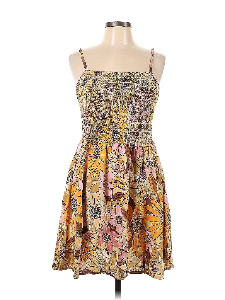 Angie 100% Rayon Floral Multi Color Yellow Casual Dress Size L - 58% ...