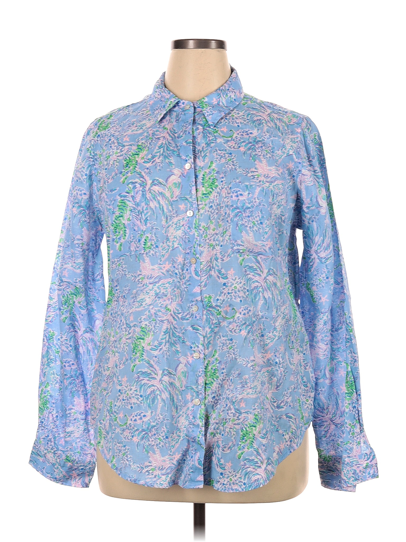 Lilly Pulitzer 100 Linen Blue Long Sleeve Blouse Size Xl 63 Off