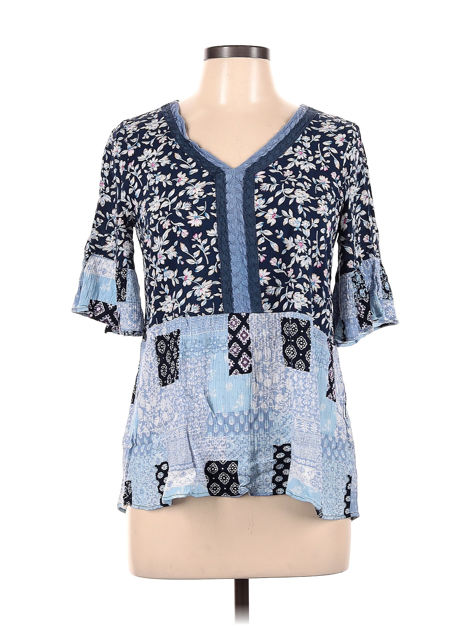 Mystree 100% Rayon Batik Blue 3/4 Sleeve Blouse Size M - 76% off | ThredUp
