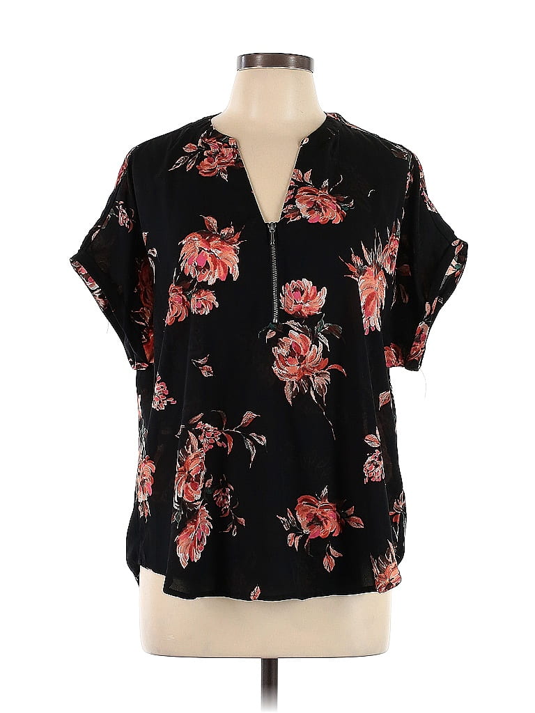 Maurices 100 Polyester Floral Black Short Sleeve Blouse Size L 44