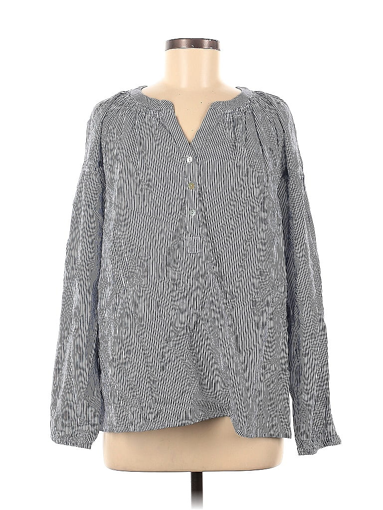 J Jill 100 Cotton Stripes Multi Color Gray Long Sleeve Blouse Size M