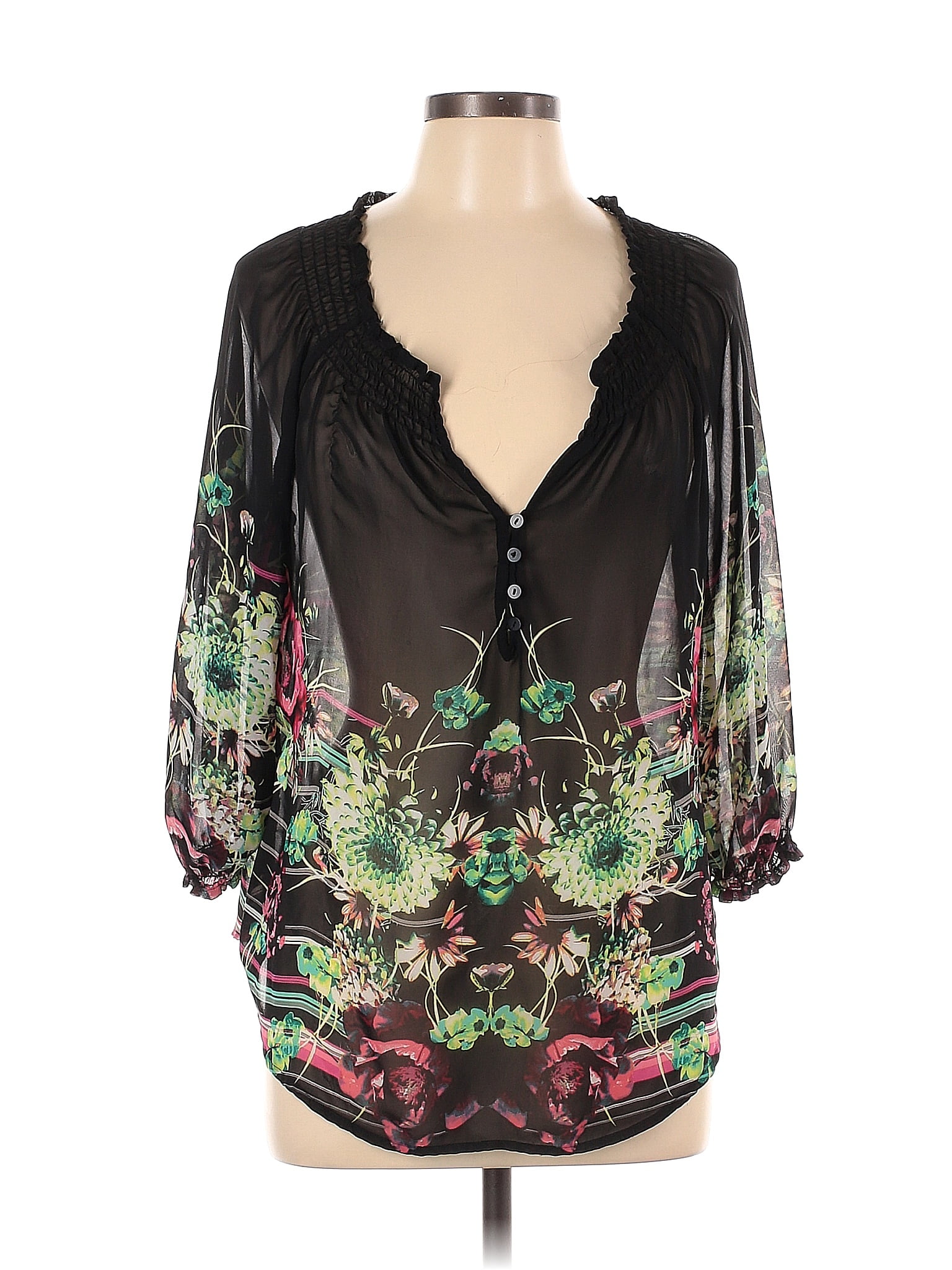 A N A A New Approach 100 Polyester Tropical Black Long Sleeve Blouse