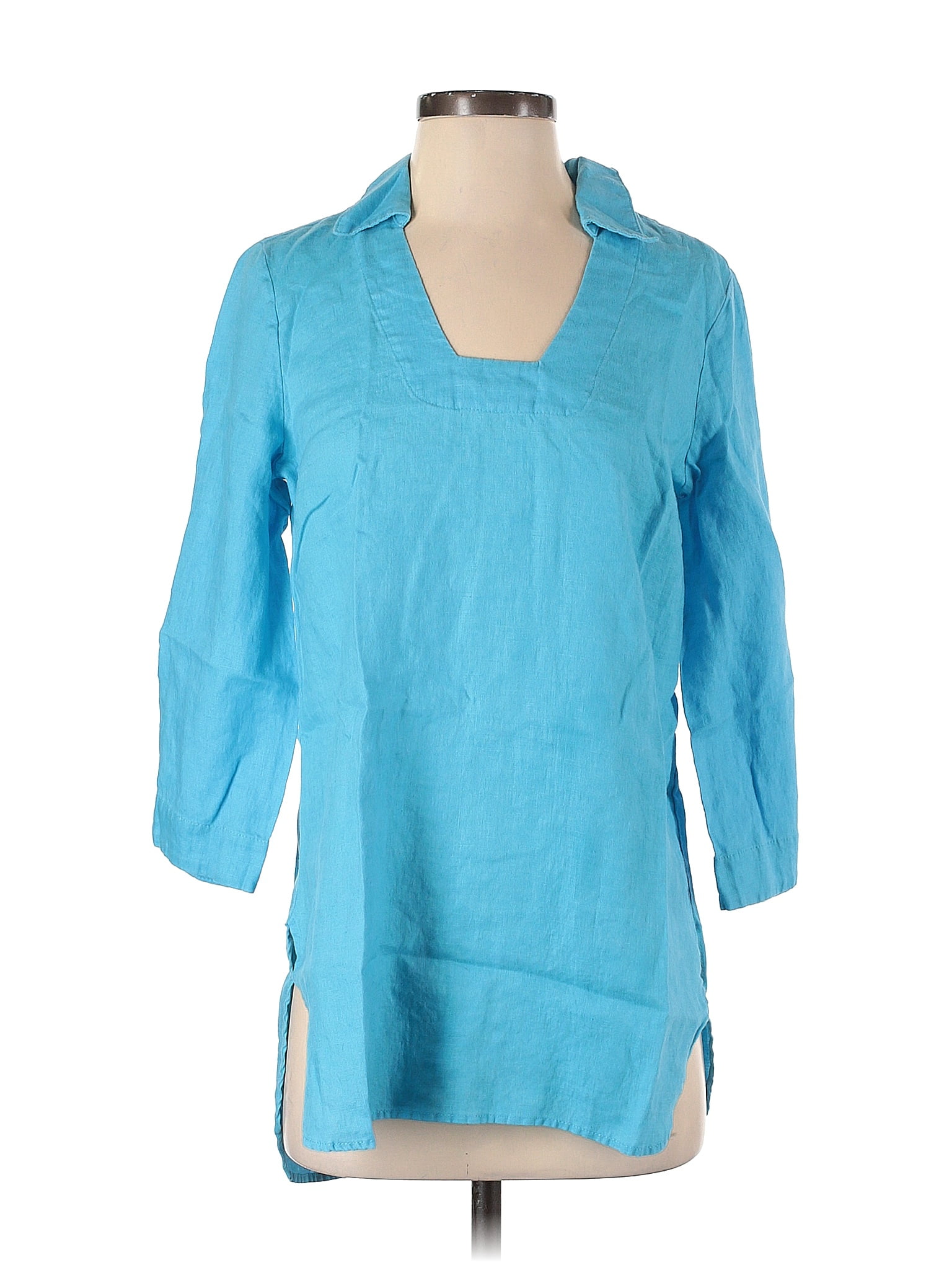 Soft Surroundings 100 Linen Solid Blue Long Sleeve Blouse Size Xs 70