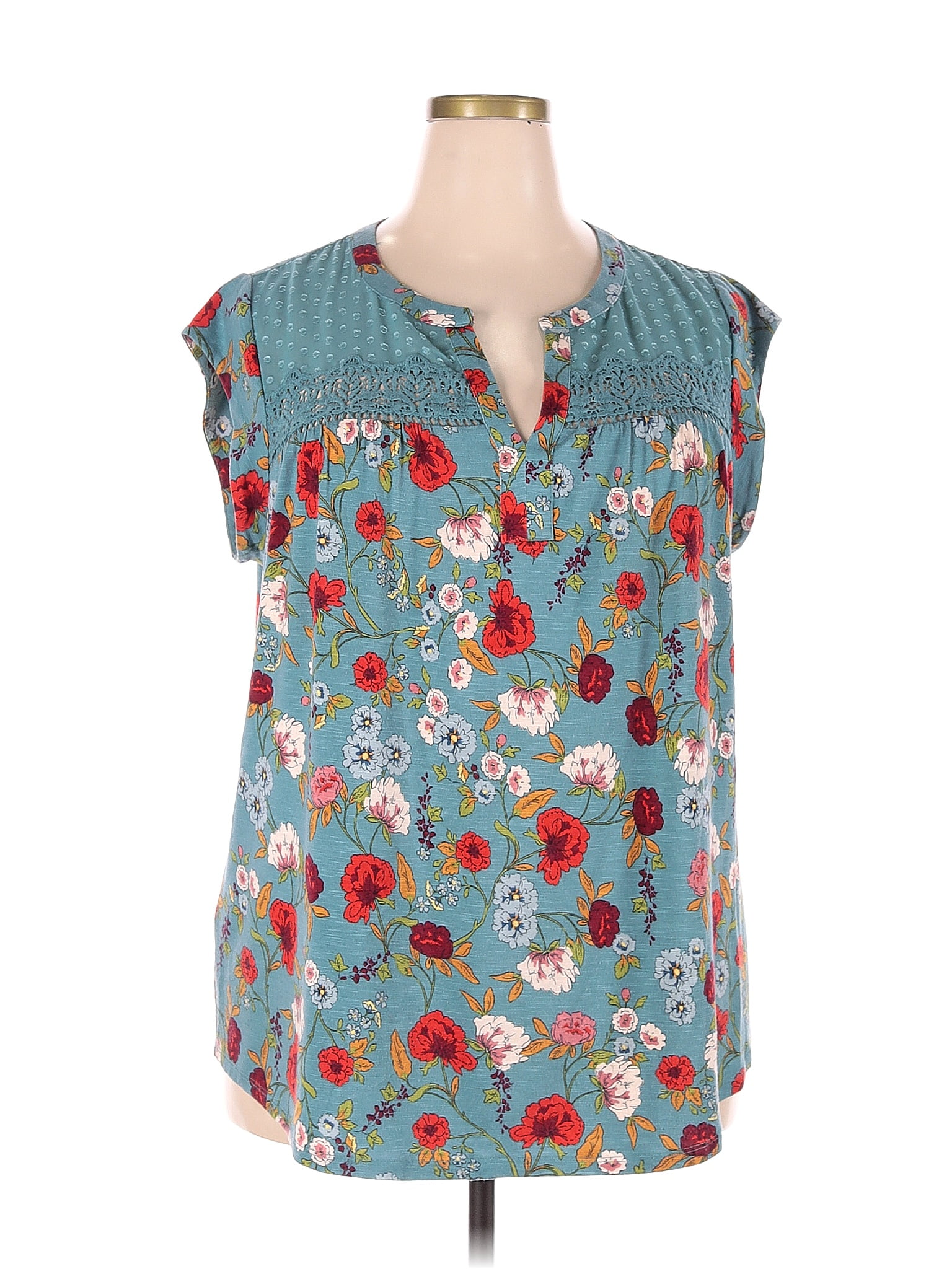 Daniel Rainn Floral Teal Short Sleeve Top Size 2x Plus 41 Off