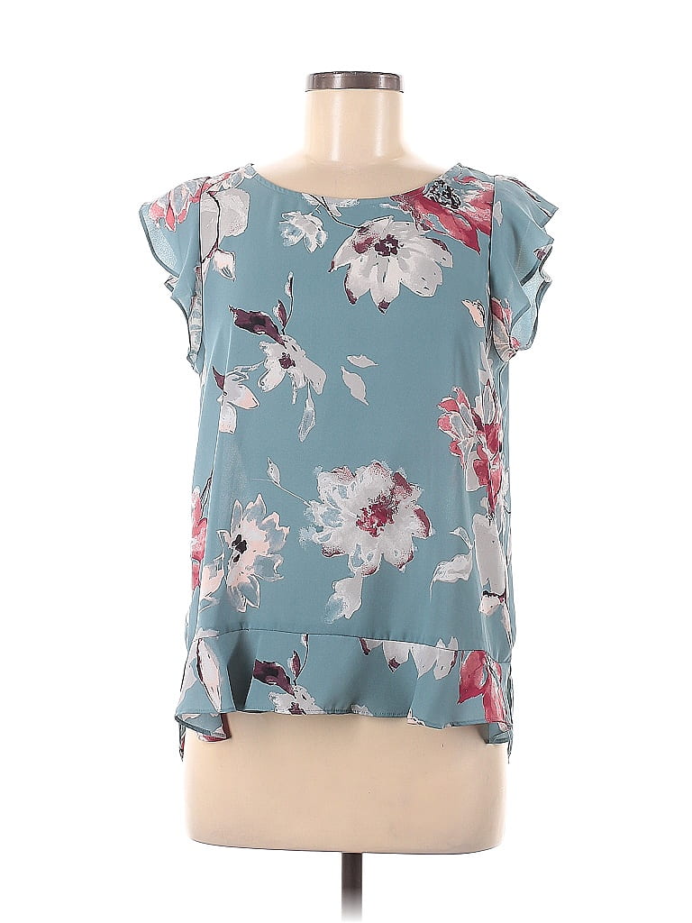 Ann Taylor Loft Outlet 100 Polyester Floral Teal Short Sleeve Blouse