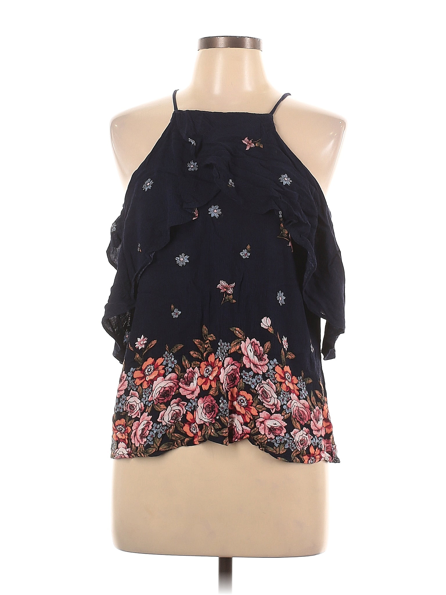 Blue Rain 100% Rayon Floral Blue Black Sleeveless Blouse Size L - 55% ...