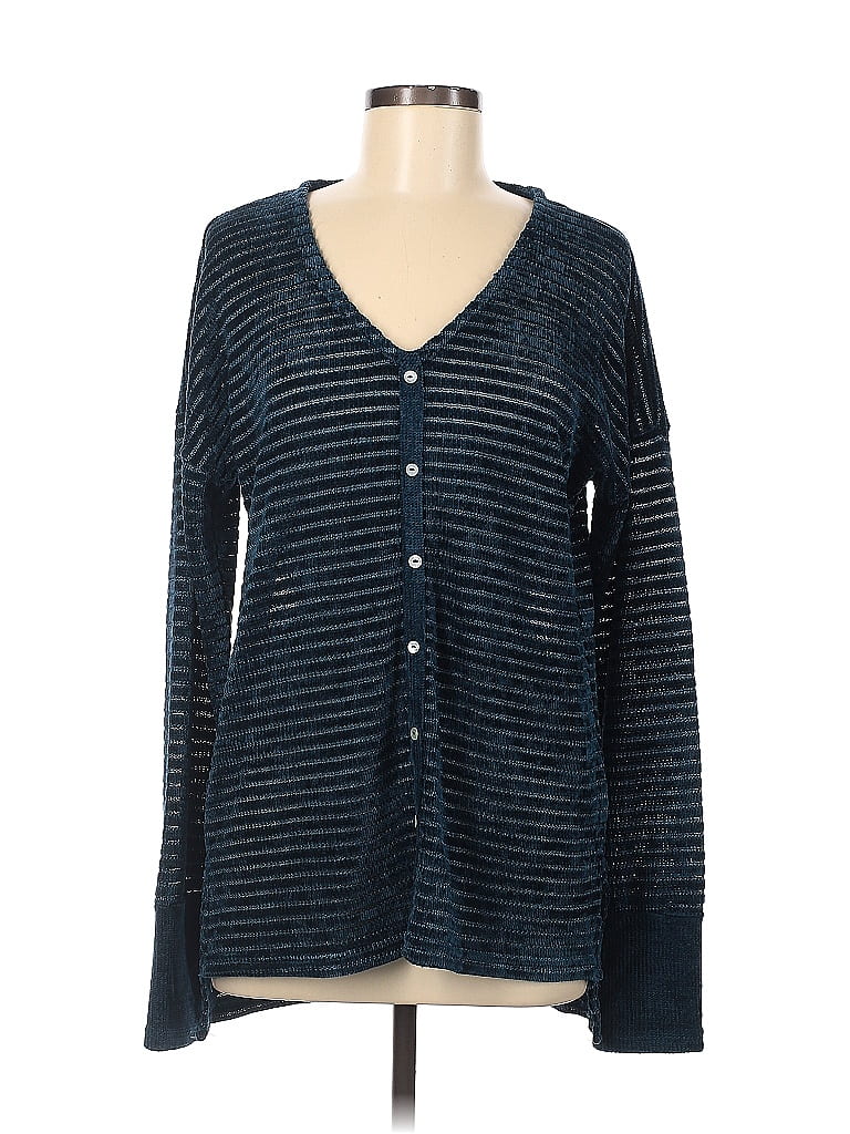 Doe & Rae 100% Polyester Color Block Stripes Teal Blue Cardigan Size M ...