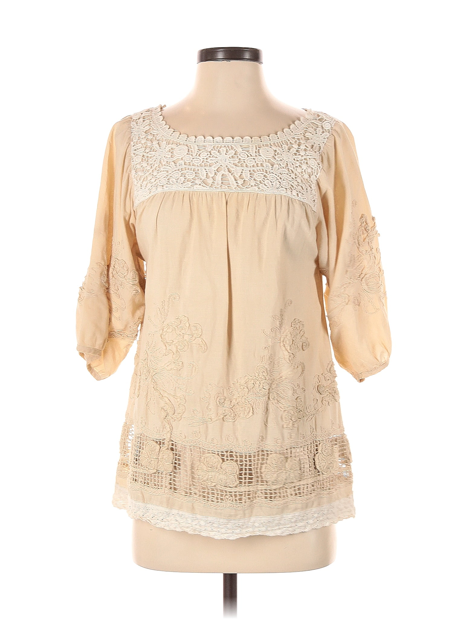 Sundance 100% Cotton Floral Tan Ivory Short Sleeve Blouse Size XS - 68% ...