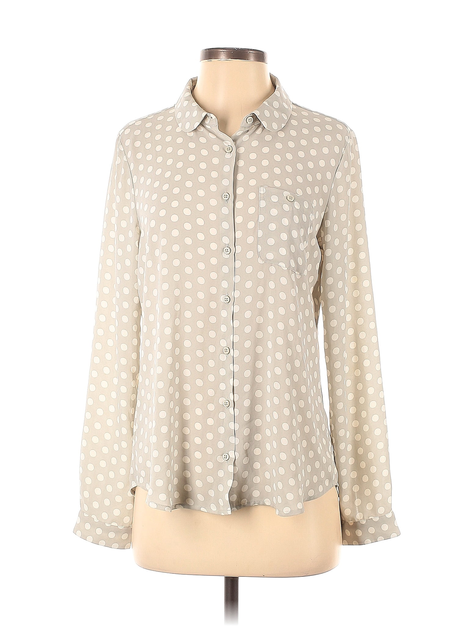 Ann Taylor Loft 100 Polyester Polka Dots Ivory Long Sleeve Blouse Size