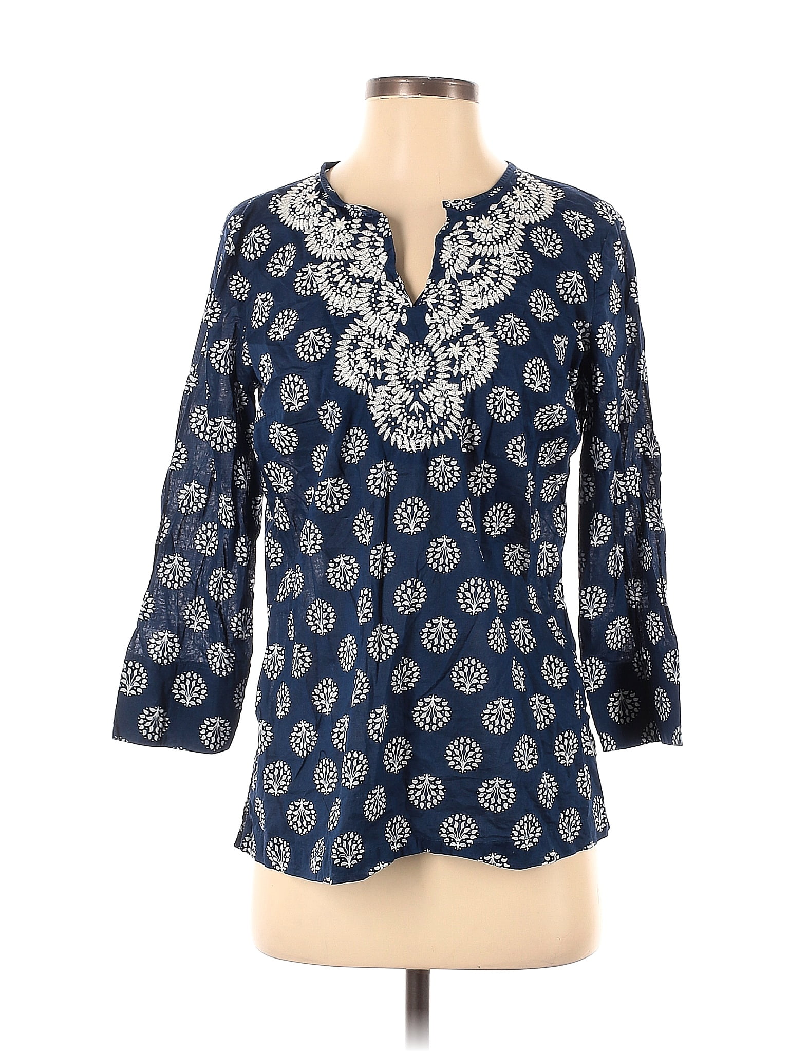 Talbots 100 Cotton Polka Dots Navy Blue Long Sleeve Blouse Size S 72