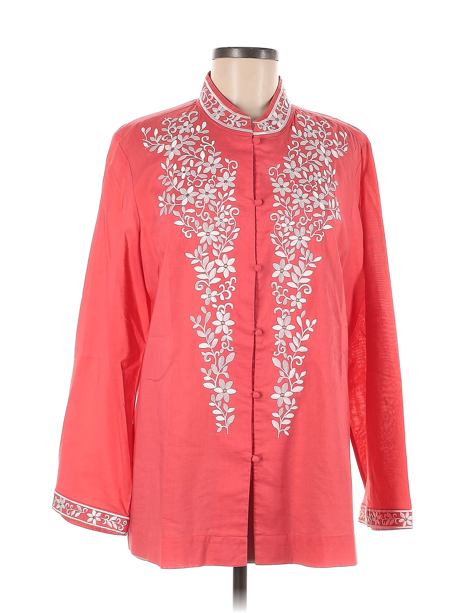 Talbots 100 Cotton Floral Red Long Sleeve Blouse Size L 79 Off