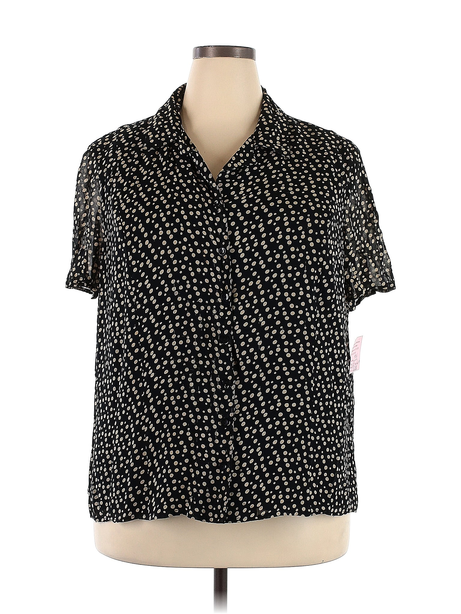 Jm Collection 100 Rayon Polka Dots Black Short Sleeve Button Down