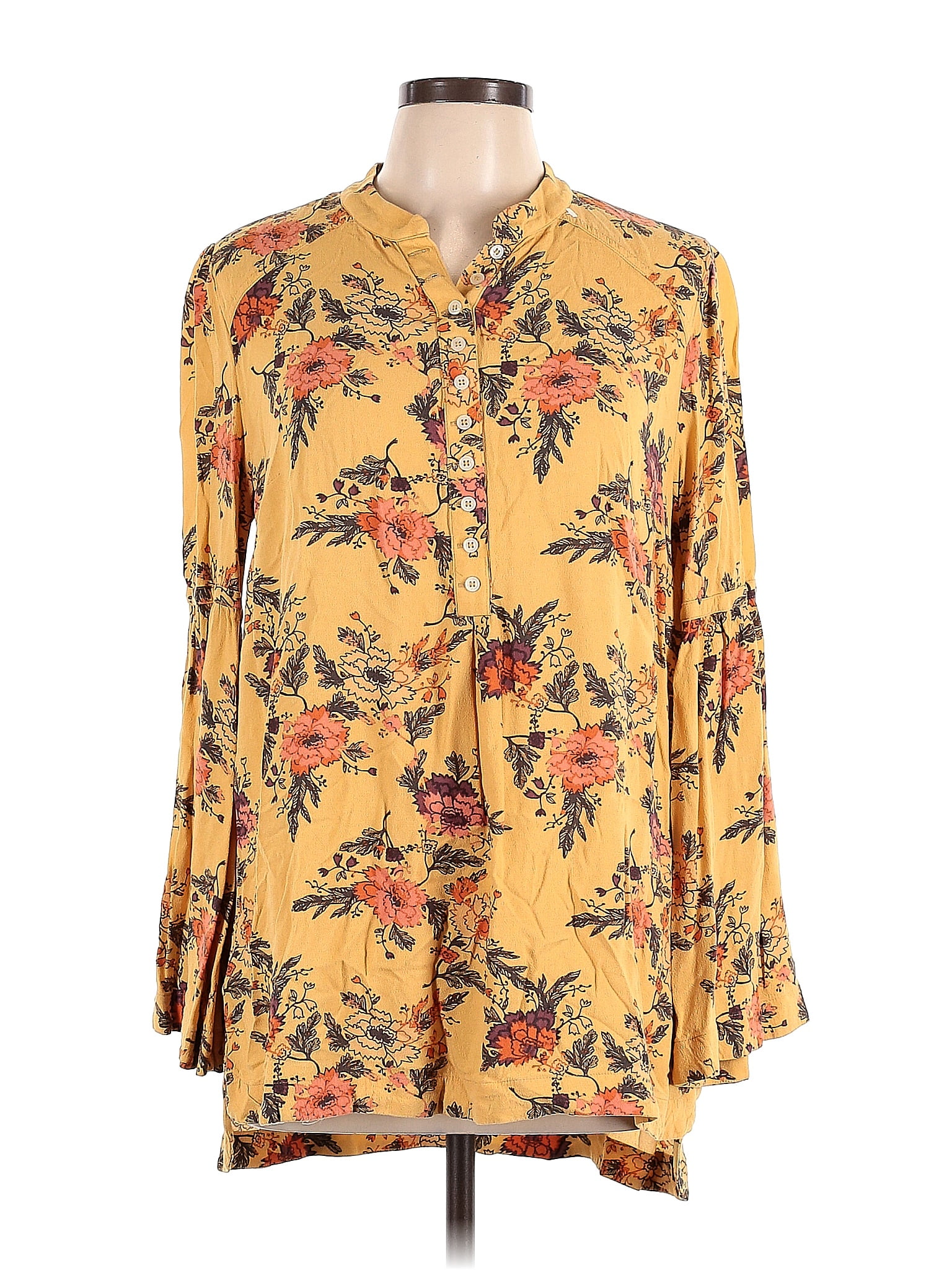 Free People 100 Rayon Floral Yellow Long Sleeve Button Down Shirt Size