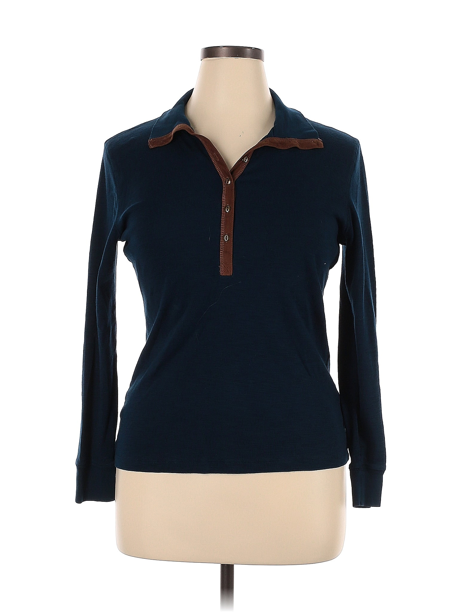 Chaps 100 Cotton Color Block Solid Teal Blue Long Sleeve Henley Size